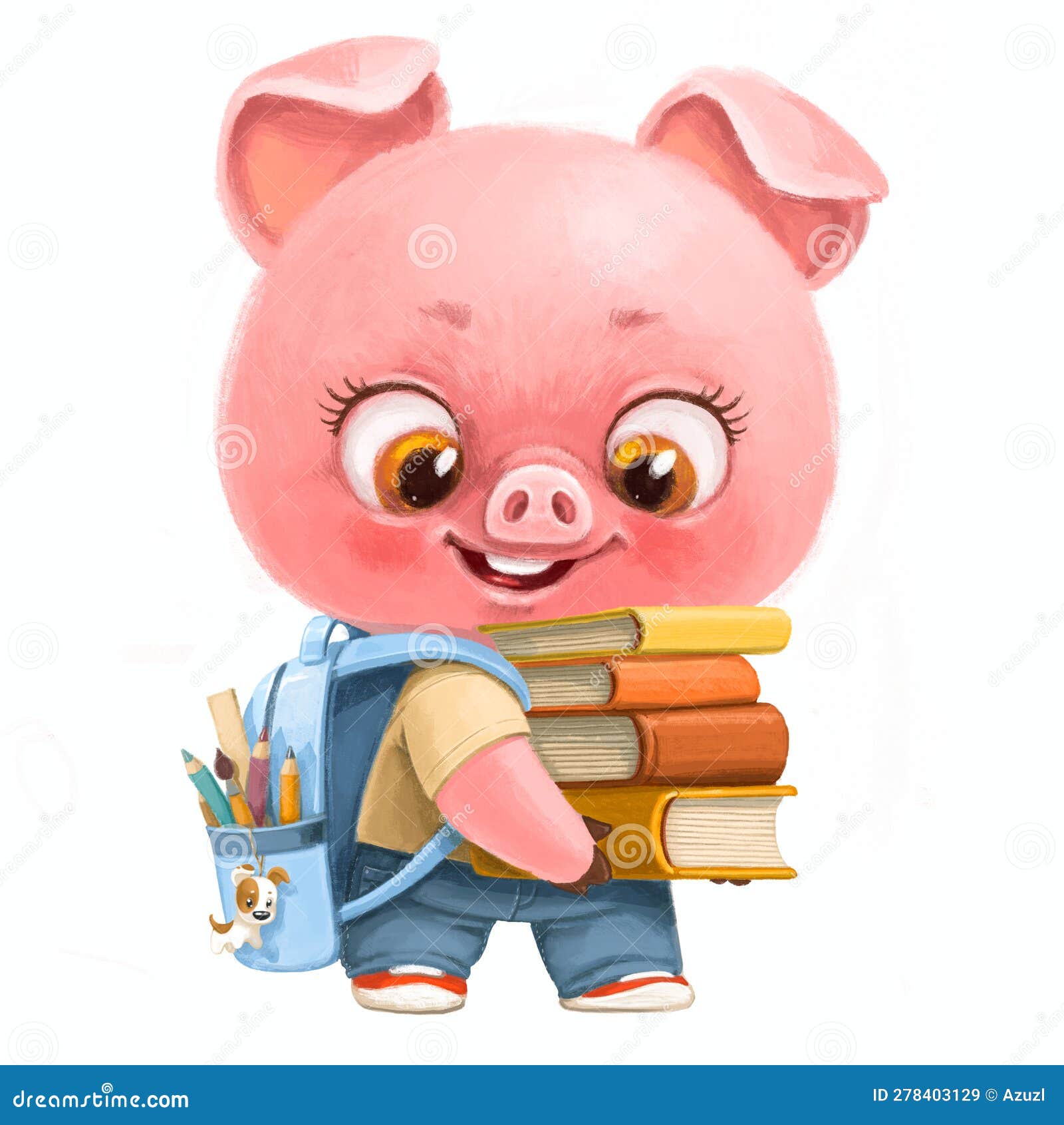 Cute Cartoon Piglet Go To School with Stack of a Textbooks and Backpak ...