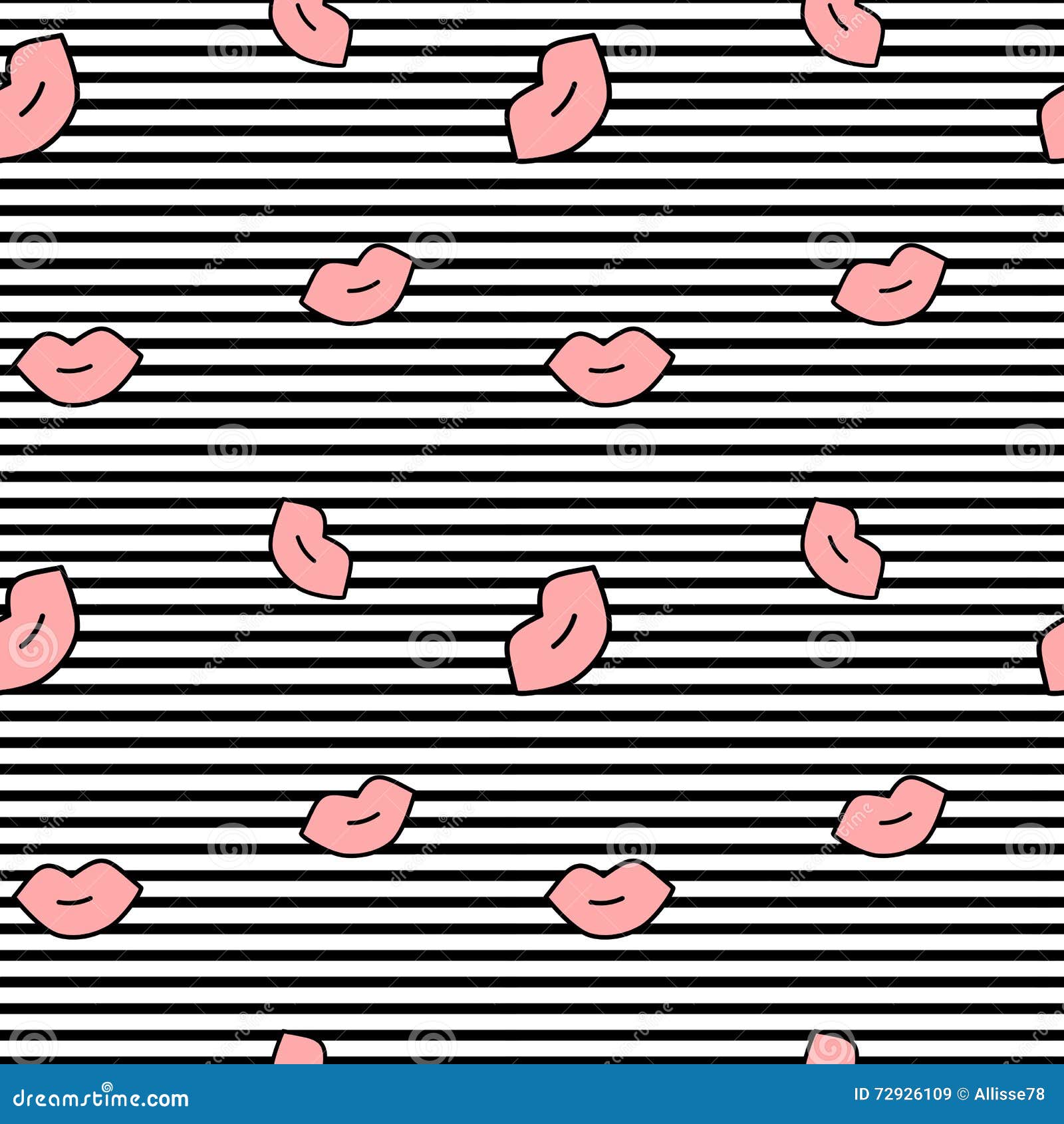 Cute Cartoon Pink Lips on Black and White Stripes Seamless Pattern ...