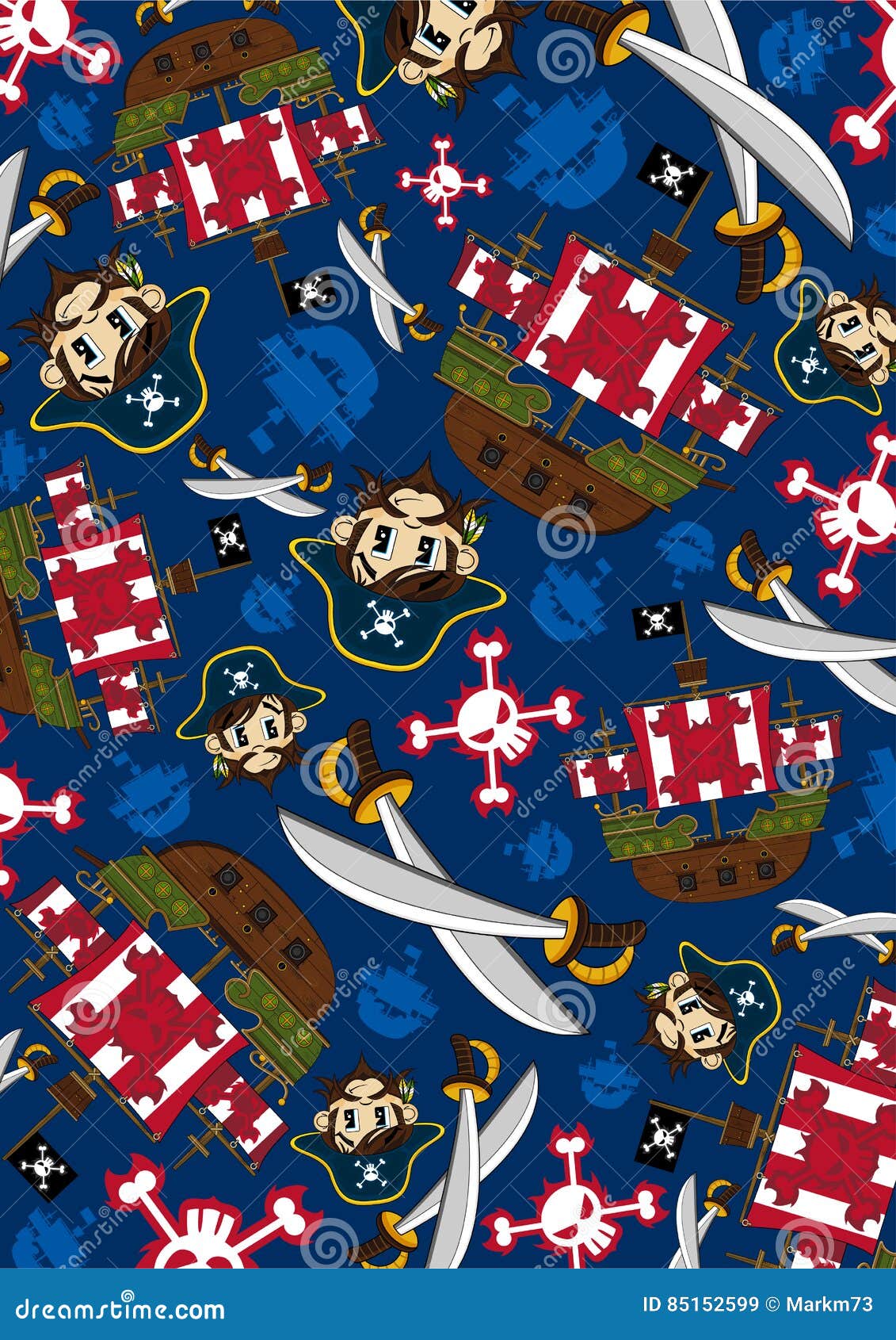 Cute Cartoon Pirate and Ship Pattern Stock Vector - Illustration of ...