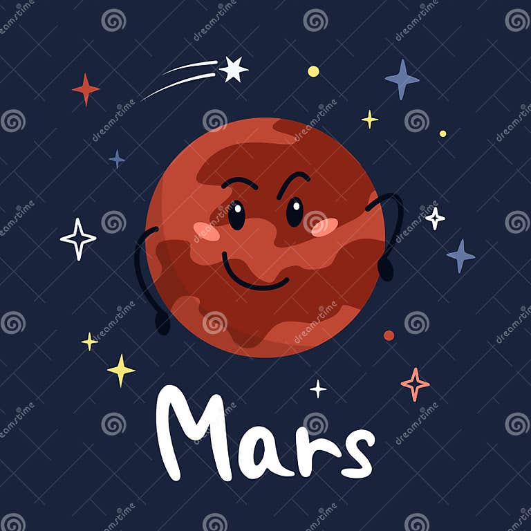 Cute Cartoon Planet Character Mars With Funny Face Poster Solar System
