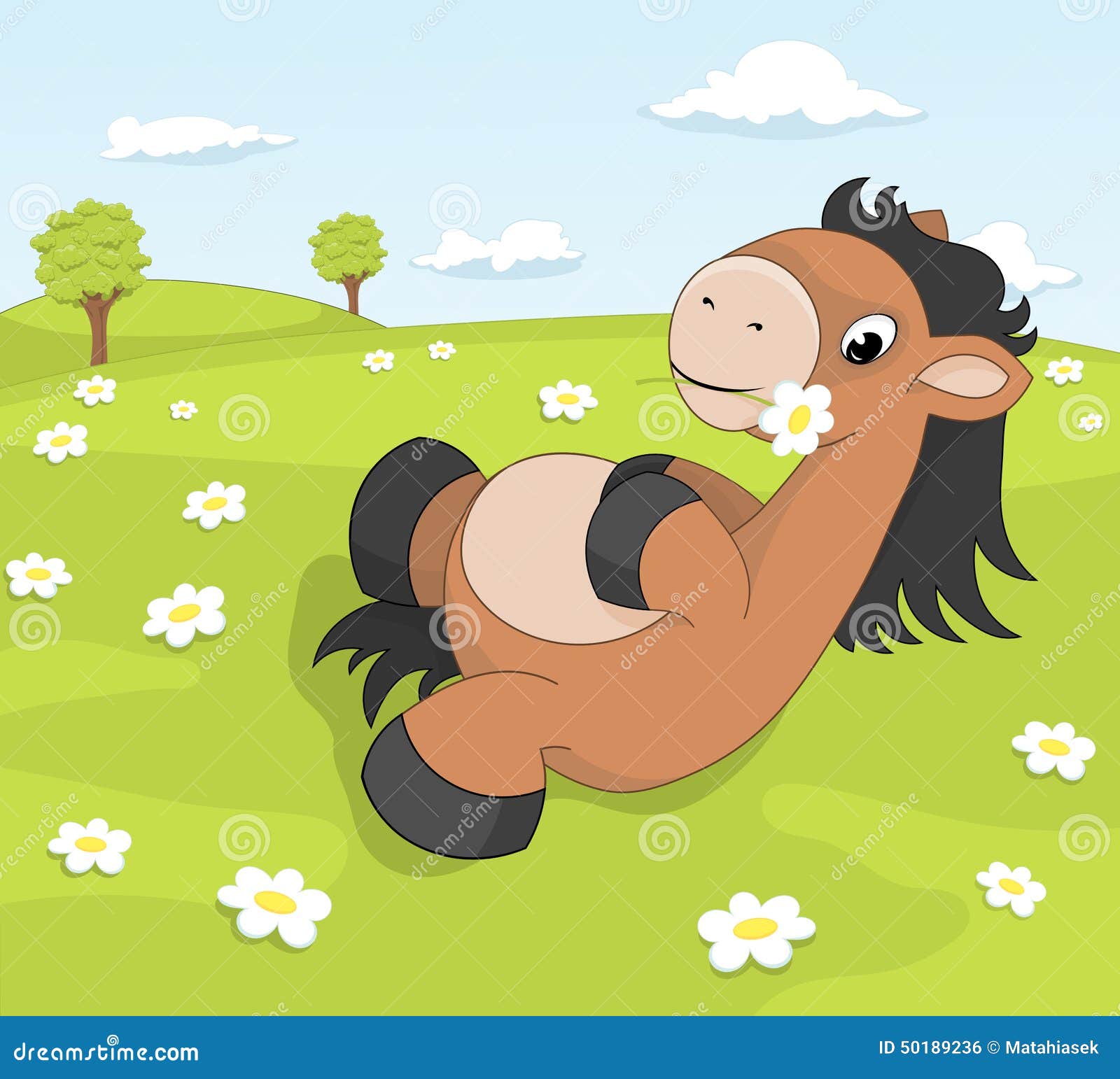 Cute Cartoon Pony on the Blooming Meadow Stock Illustration ...