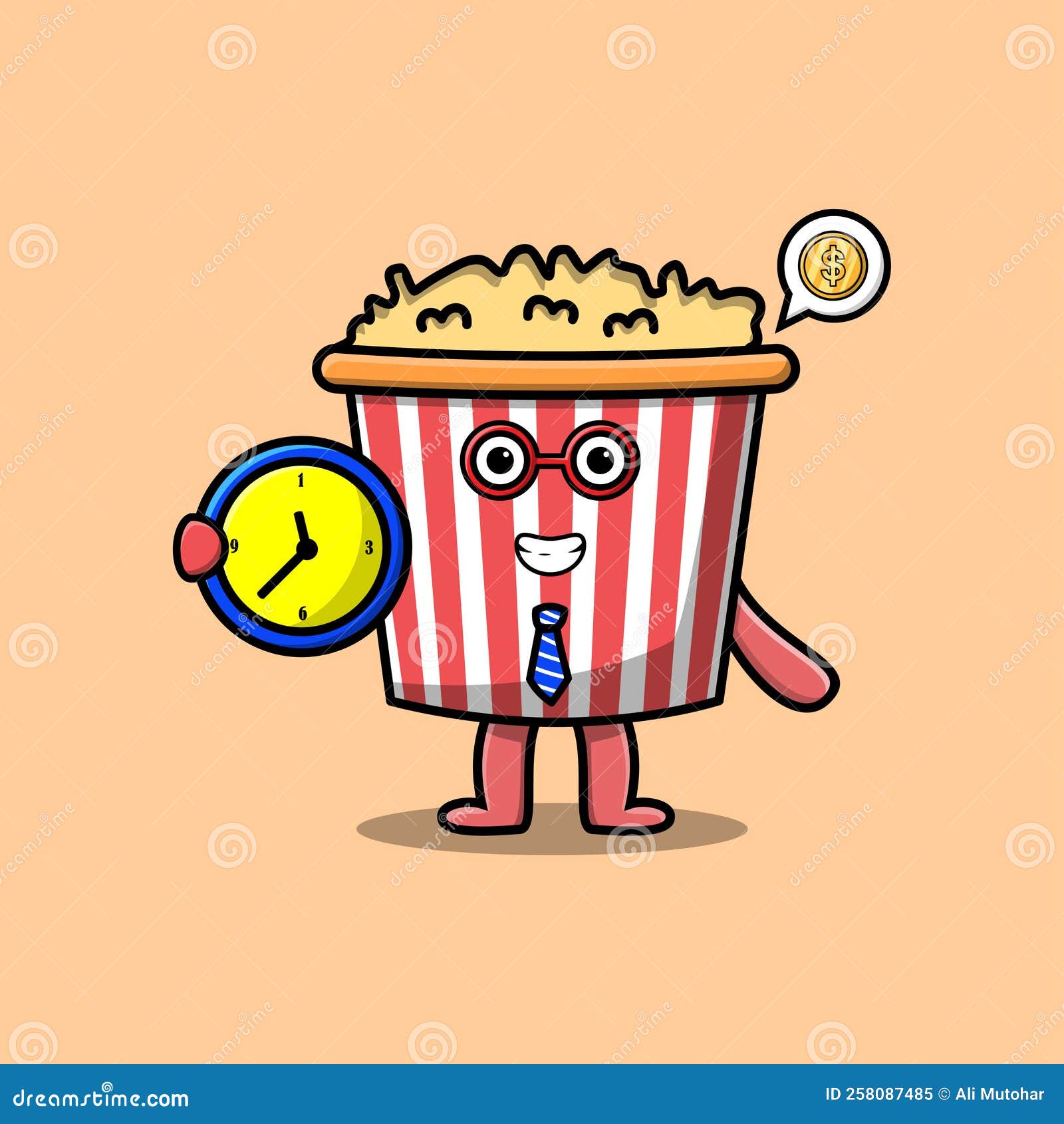 Cute Cartoon Popcorn Character Holding Clock Stock Vector ...