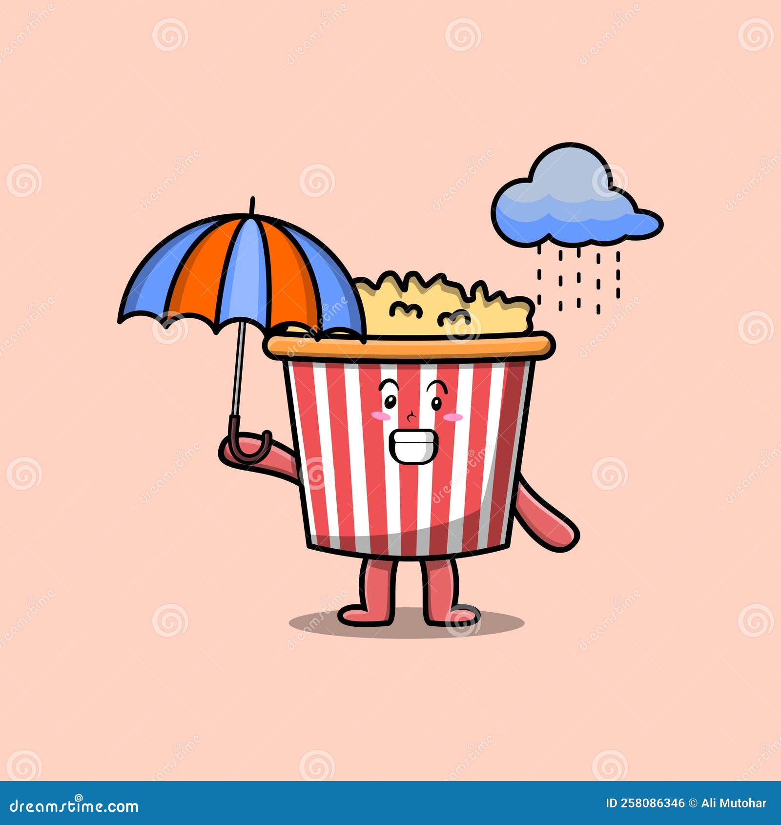 Cute Cartoon Popcorn in Rain and Using an Umbrella Stock Vector ...