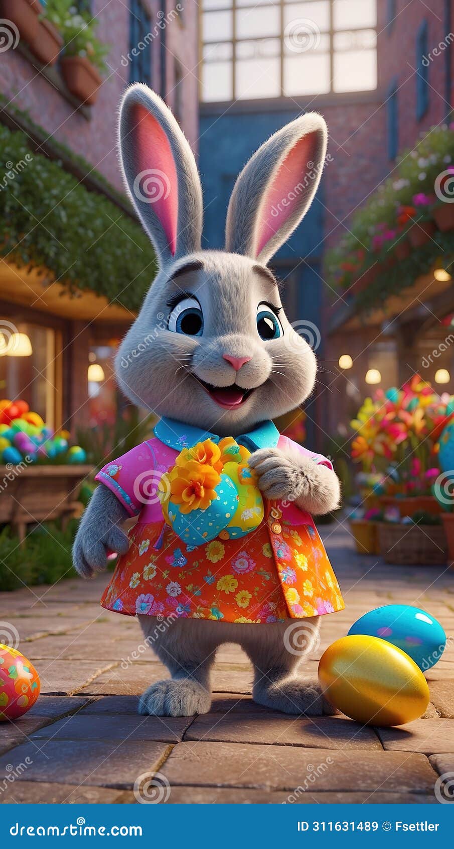 Cute Cartoon Rabbit with Easter Eggs Stock Illustration - Illustration ...