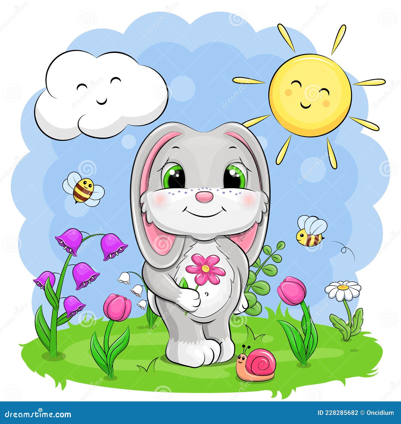 Cute Cartoon Rabbit in Nature. Stock Vector - Illustration of lily ...