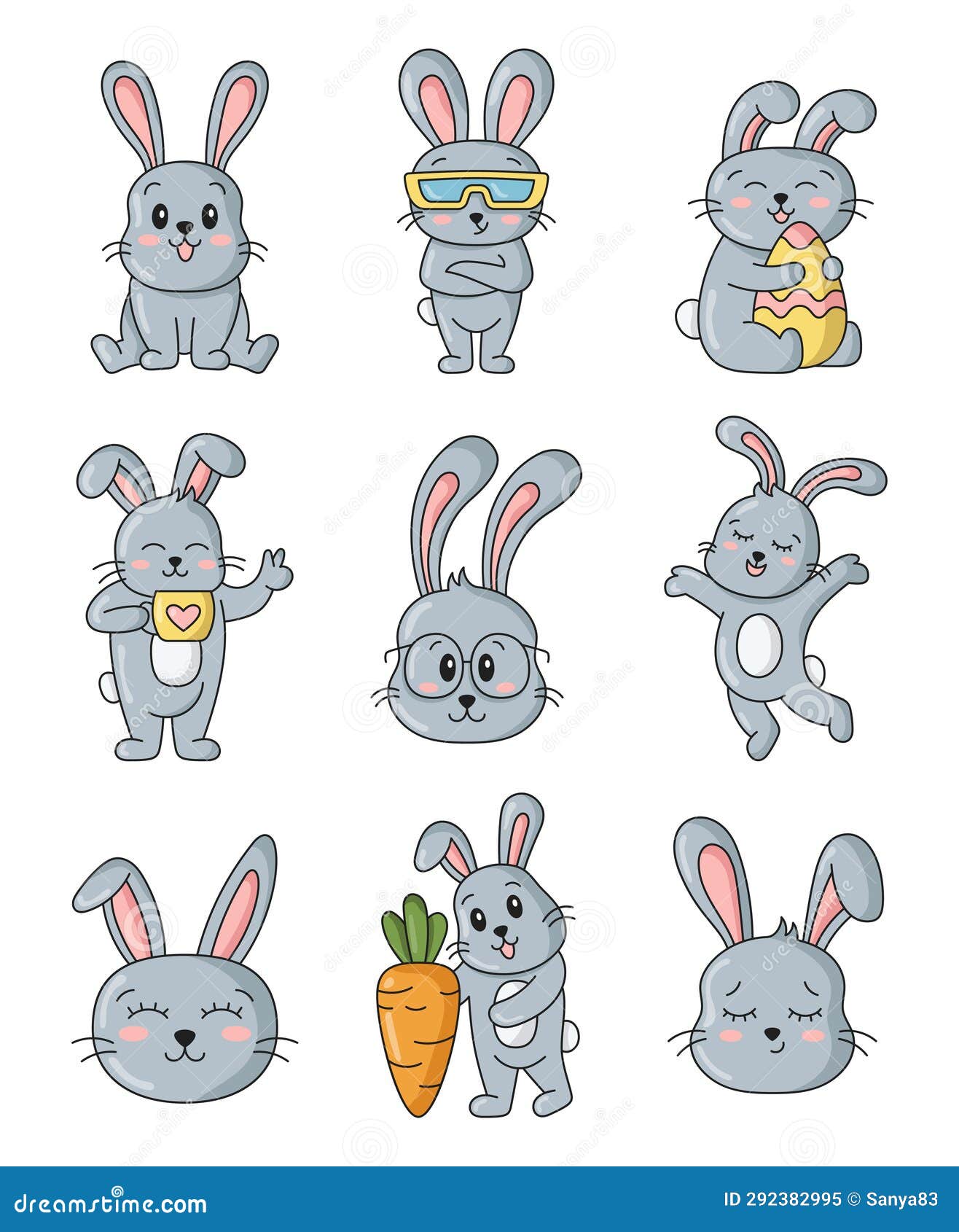 Rabbits Funny Pattern, Portrait Of Groupe Cute Cartoon Hares, Comic ...
