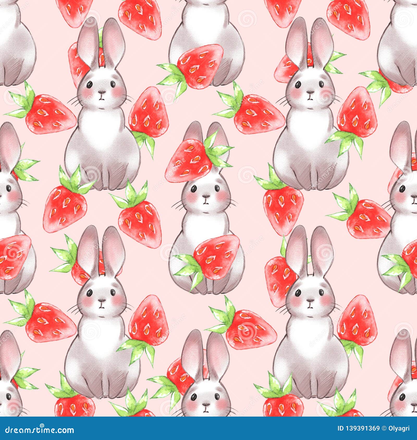 Cute Cartoon Rabbits And Strawberries Seamless Pattern Stock
