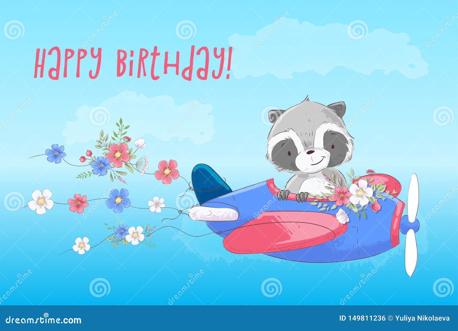 Cute Cartoon Raccoon is Flying on a Plane Stock Vector - Illustration ...