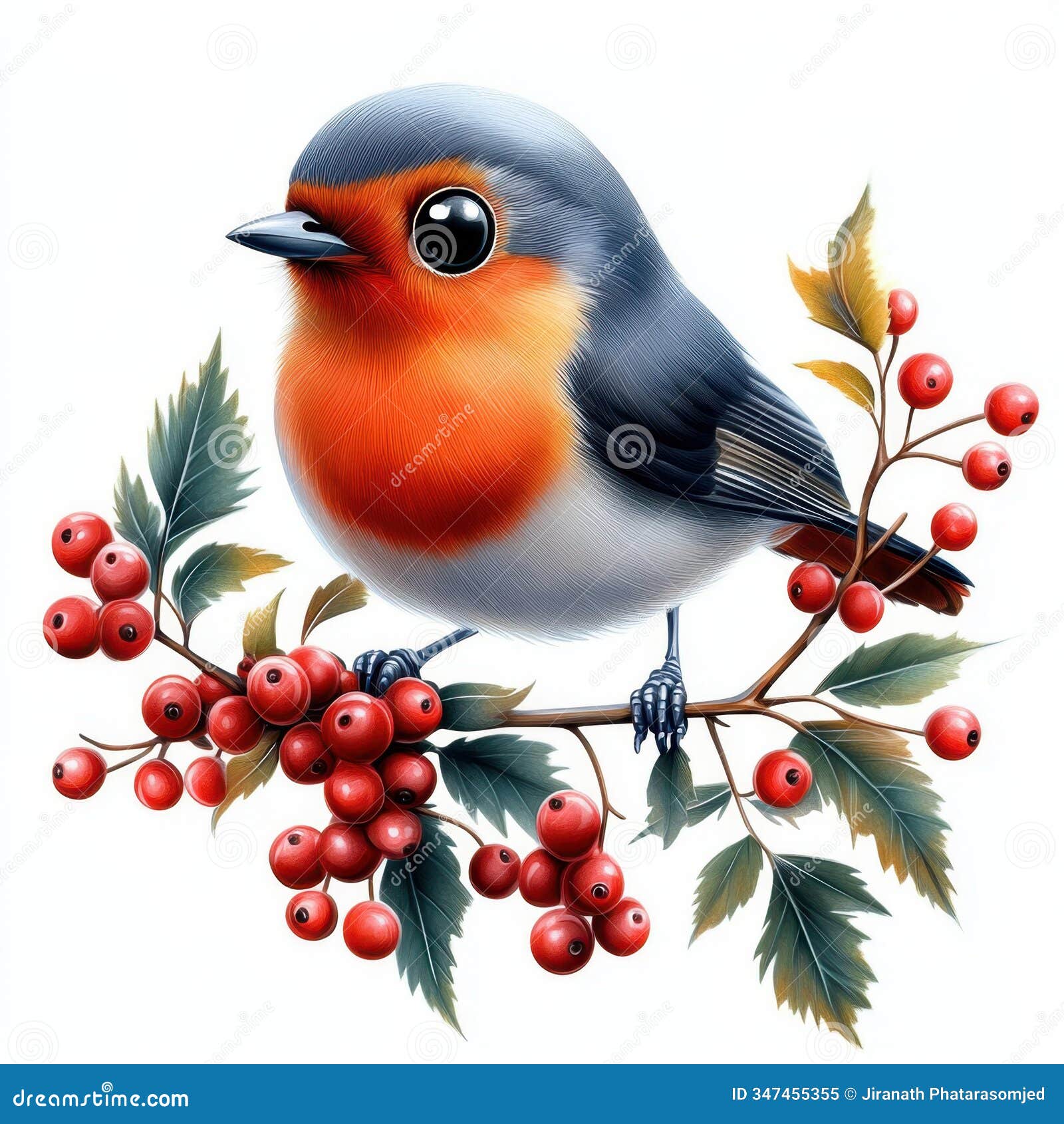 Cute Cartoon Robin Bird Perched on Branch with Red Berries Stock ...