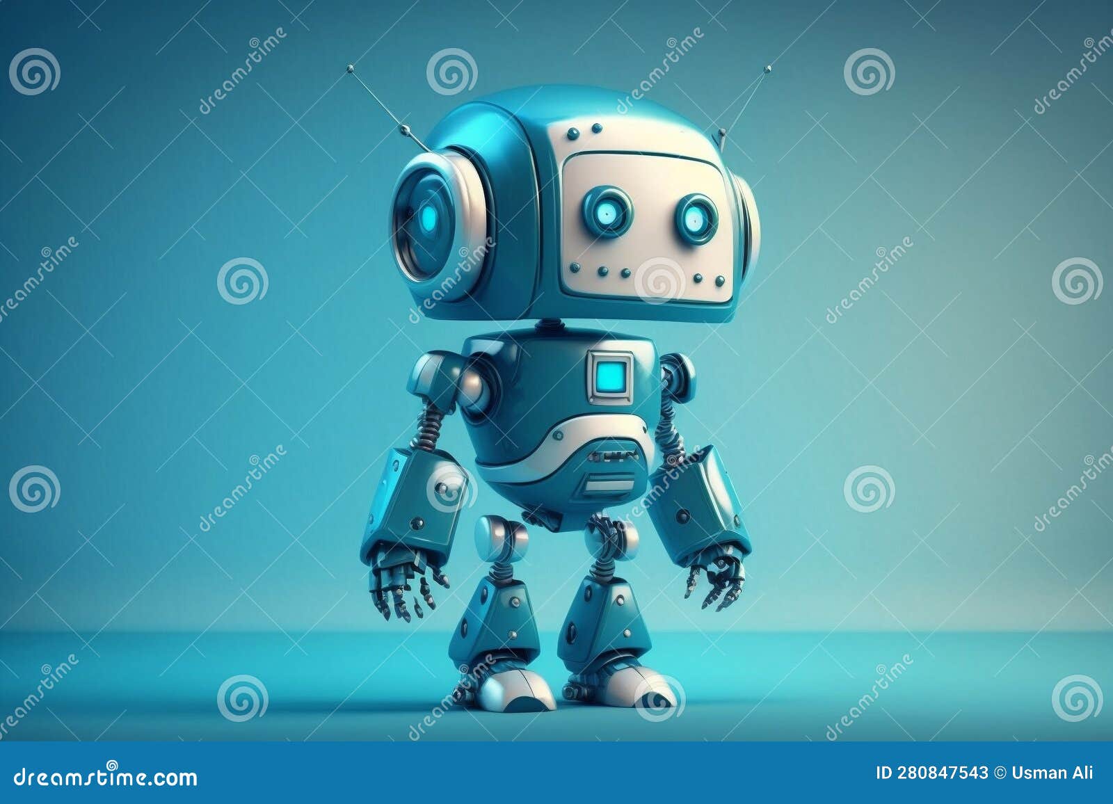 Cute Cartoon Robot Against a Vibrant Blue Background. AI Stock ...