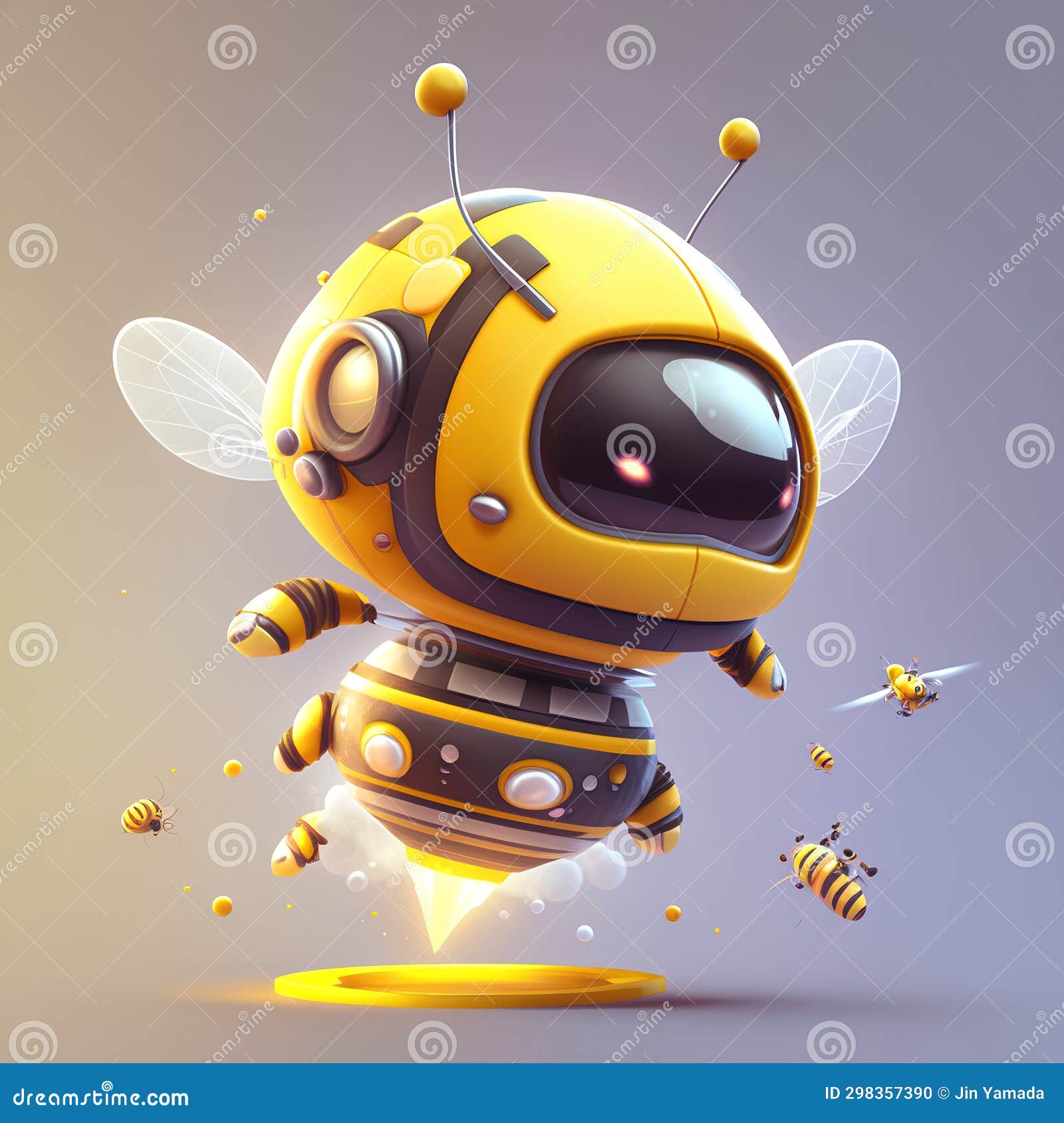 Cute Cartoon Robot with Bees Flying Around. 3d Illustration Stock ...