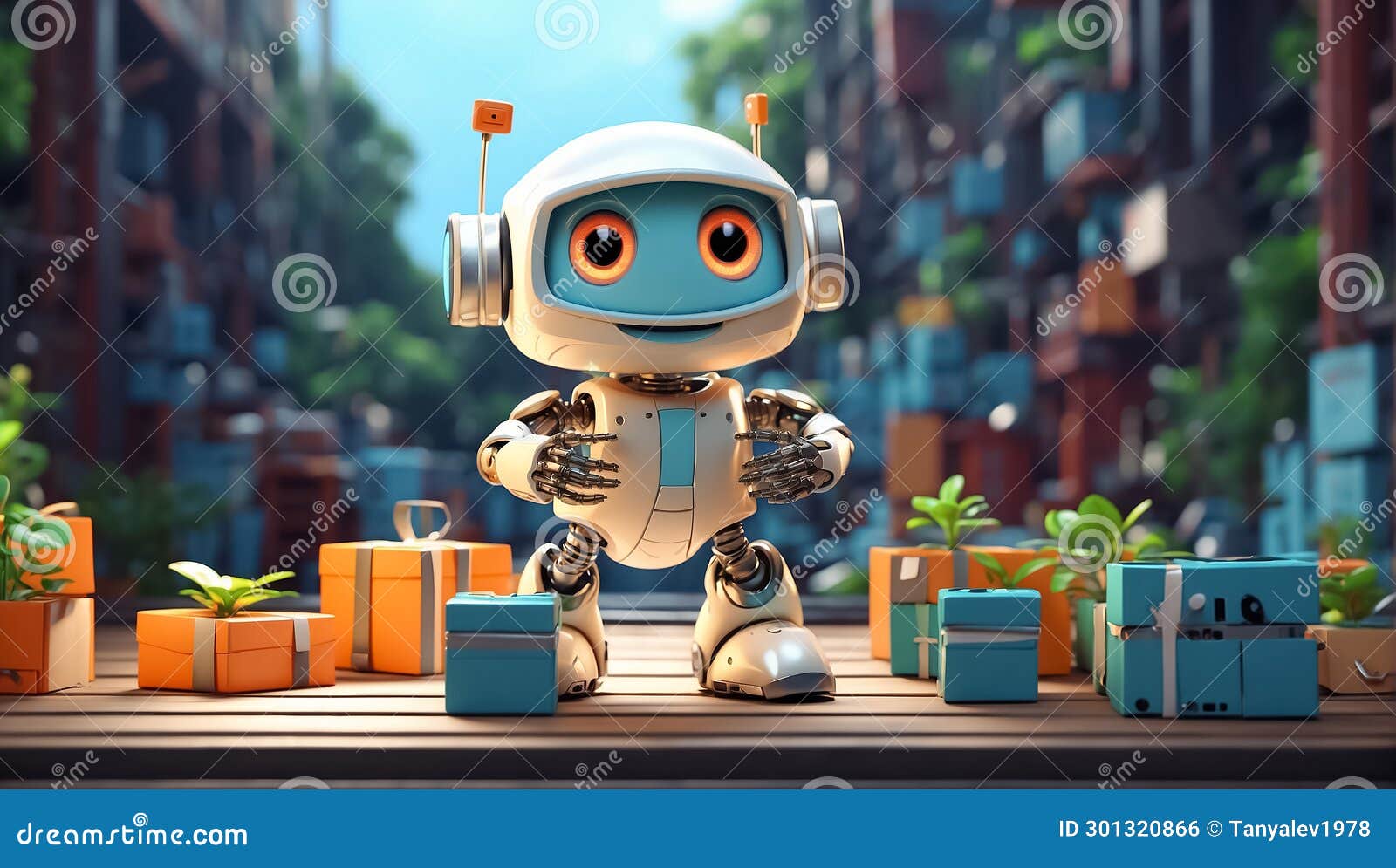Cute Cartoon Robot with Boxes Design Factory Stock Illustration ...