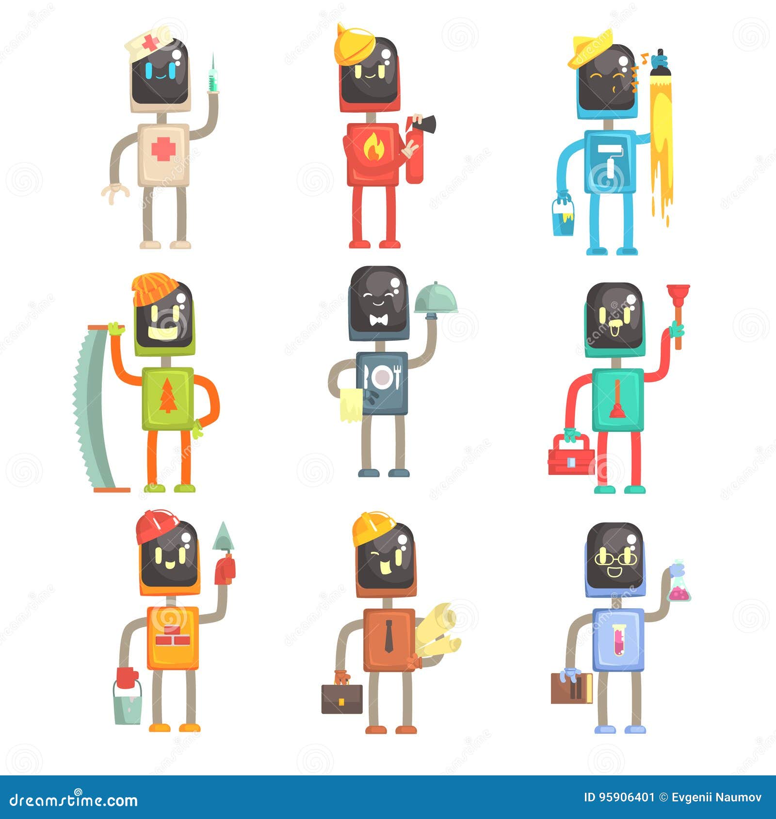 Cute Cartoon Robots in Various Professions Set of Colorful Characters ...