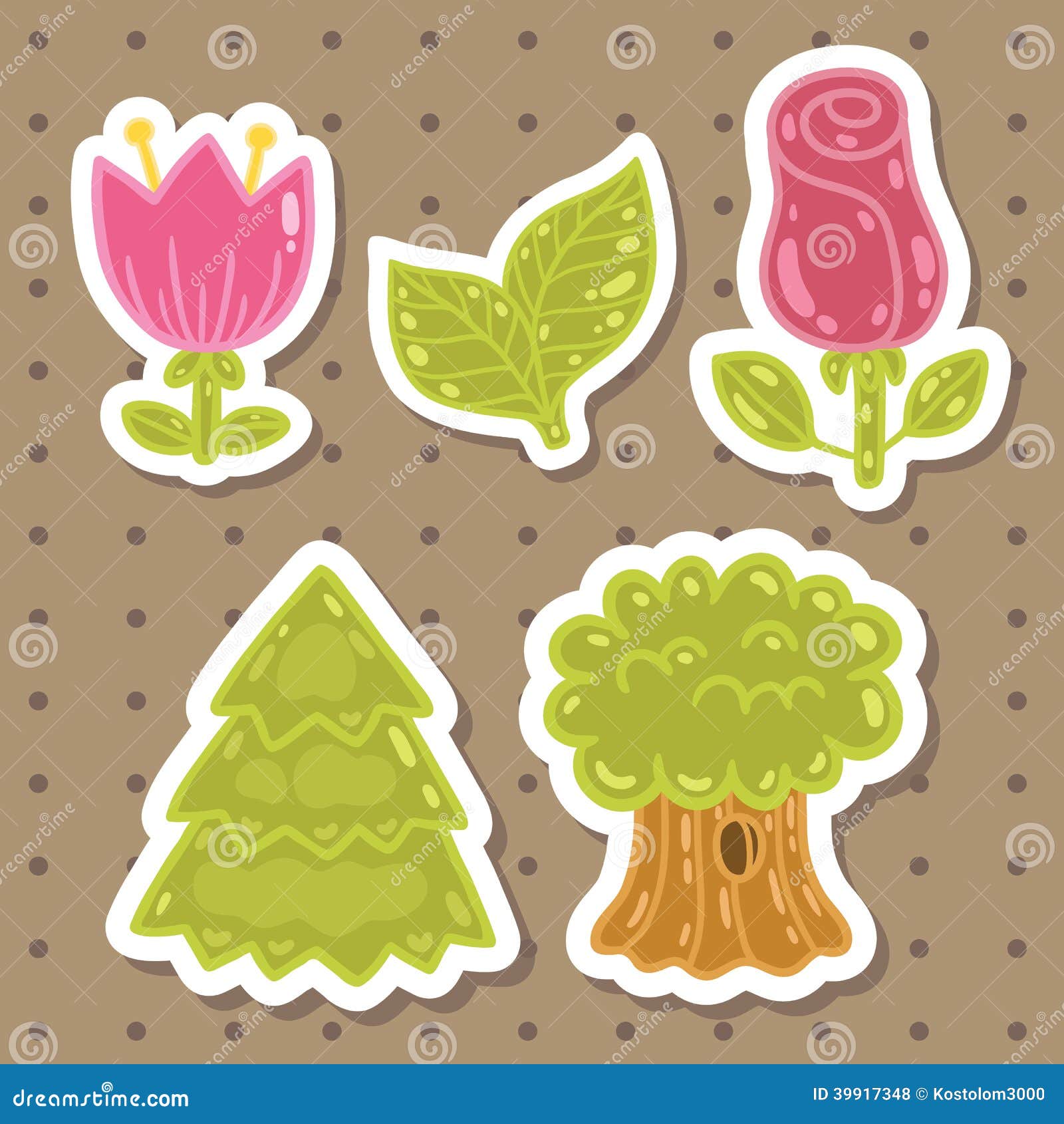 Cute Cartoon Rose, Tulip, Tree, Oak Set. Stock Vector - Illustration of ...
