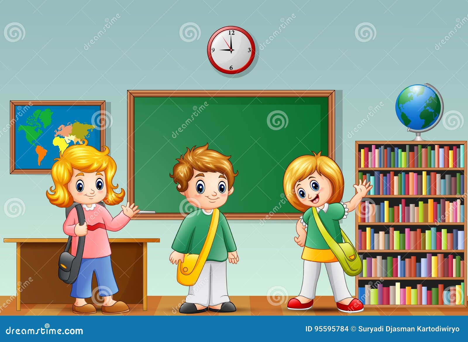Cute Cartoon School Kids In A Classroom Vector Illustration ...