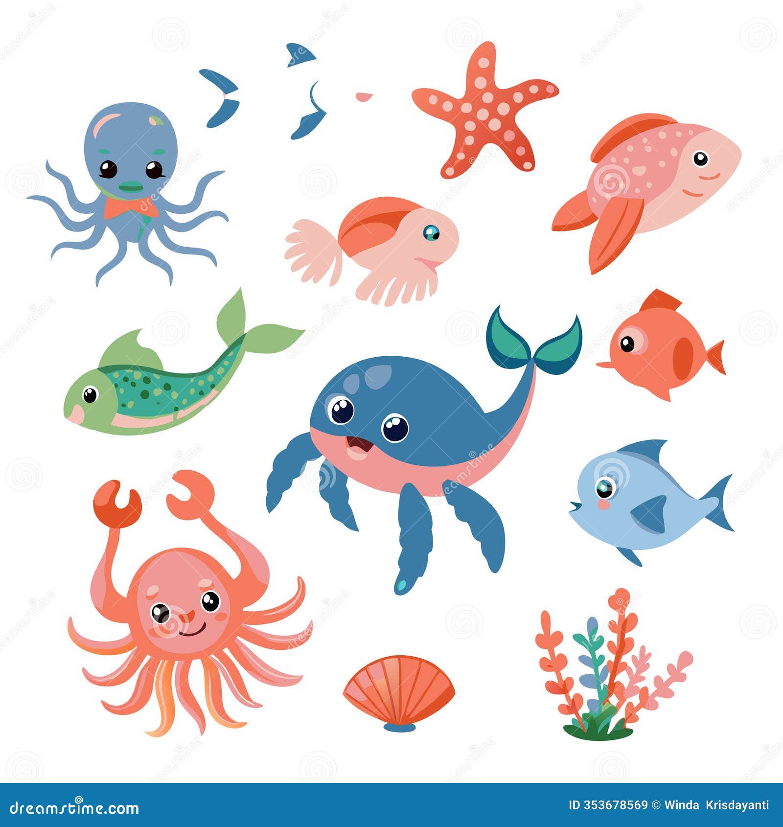Cute Cartoon Sea Creatures Collection Stock Vector - Illustration of ...