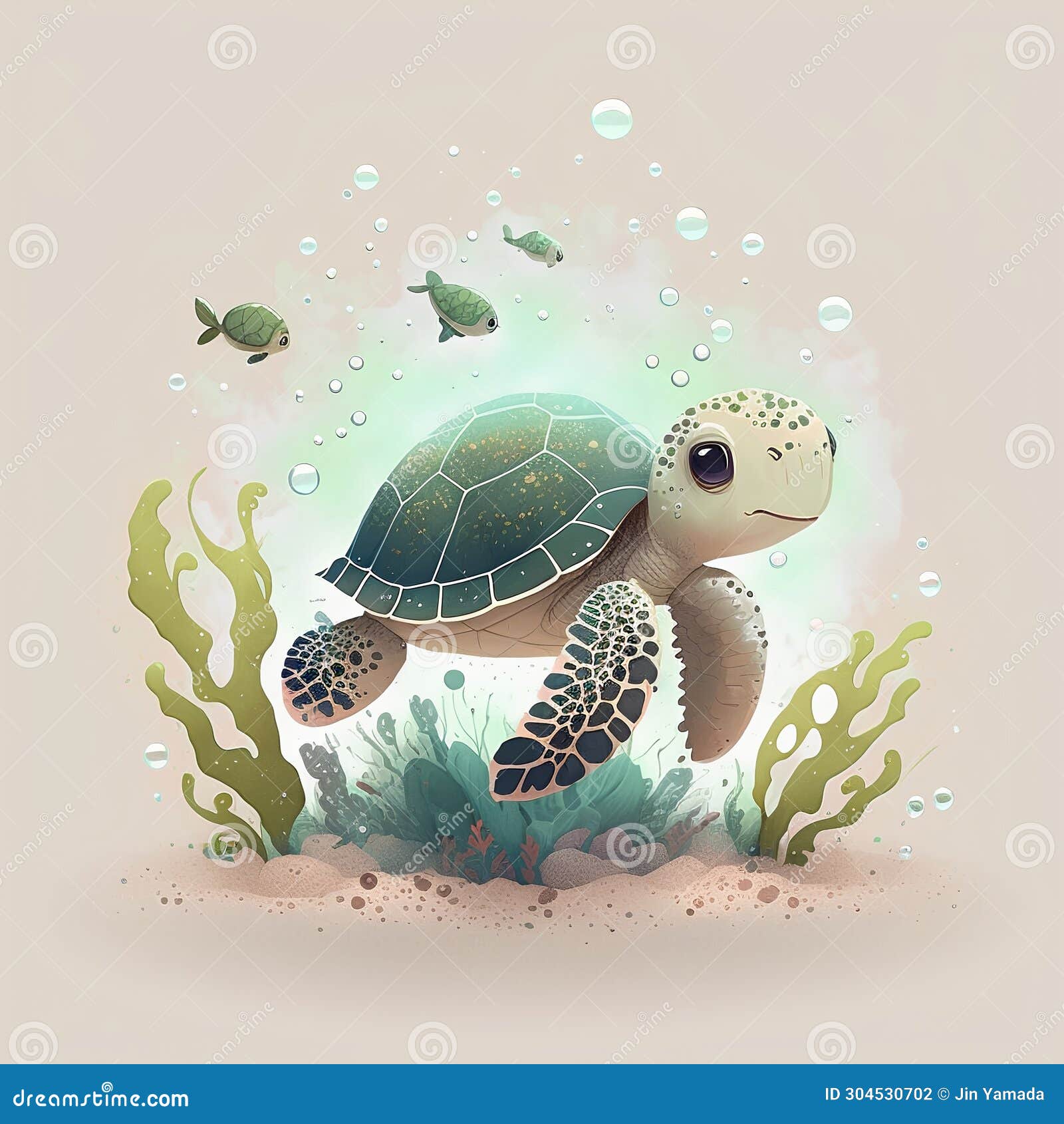Cute Cartoon Sea Turtle with Corals and Seaweed. Vector Illustration ...