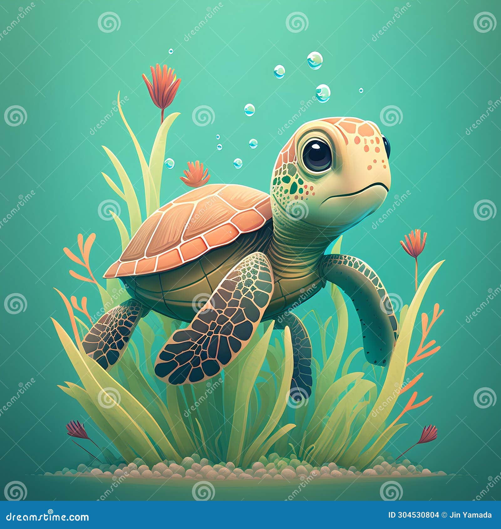 Cute Cartoon Sea Turtle Swimming in the Ocean. Vector Illustration ...
