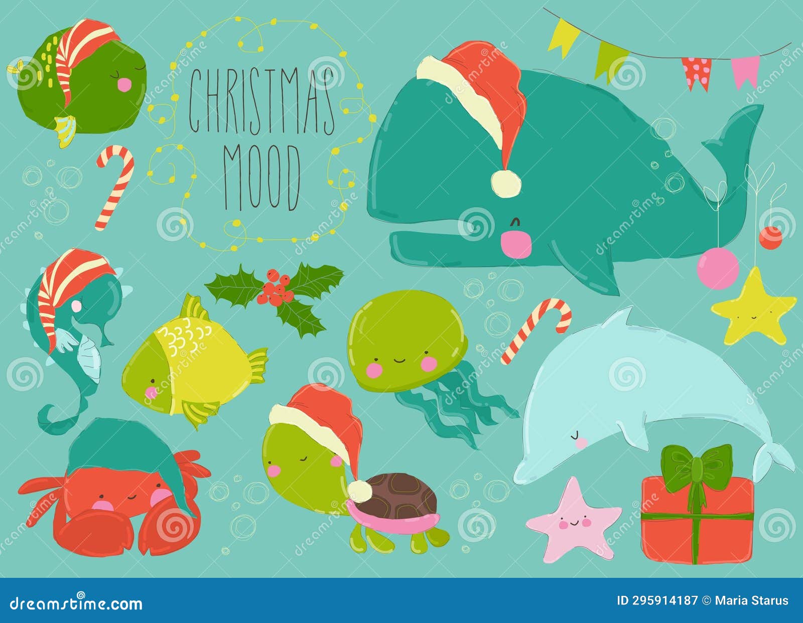 Cute Cartoon Set of Fish and Underwater World with Christmas Elements ...
