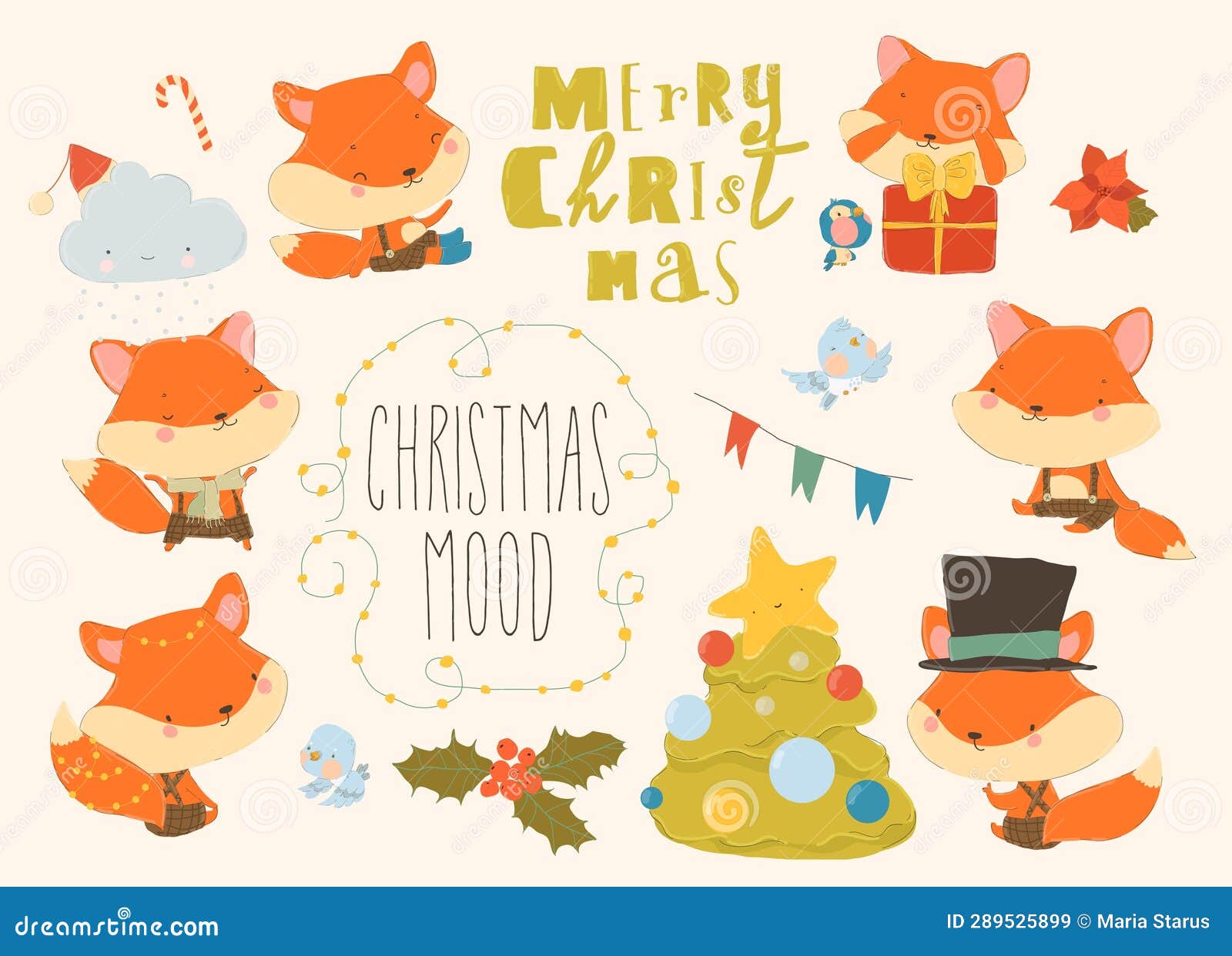 Cute Cartoon Set of Foxes with Christmas Elements Stock Vector ...