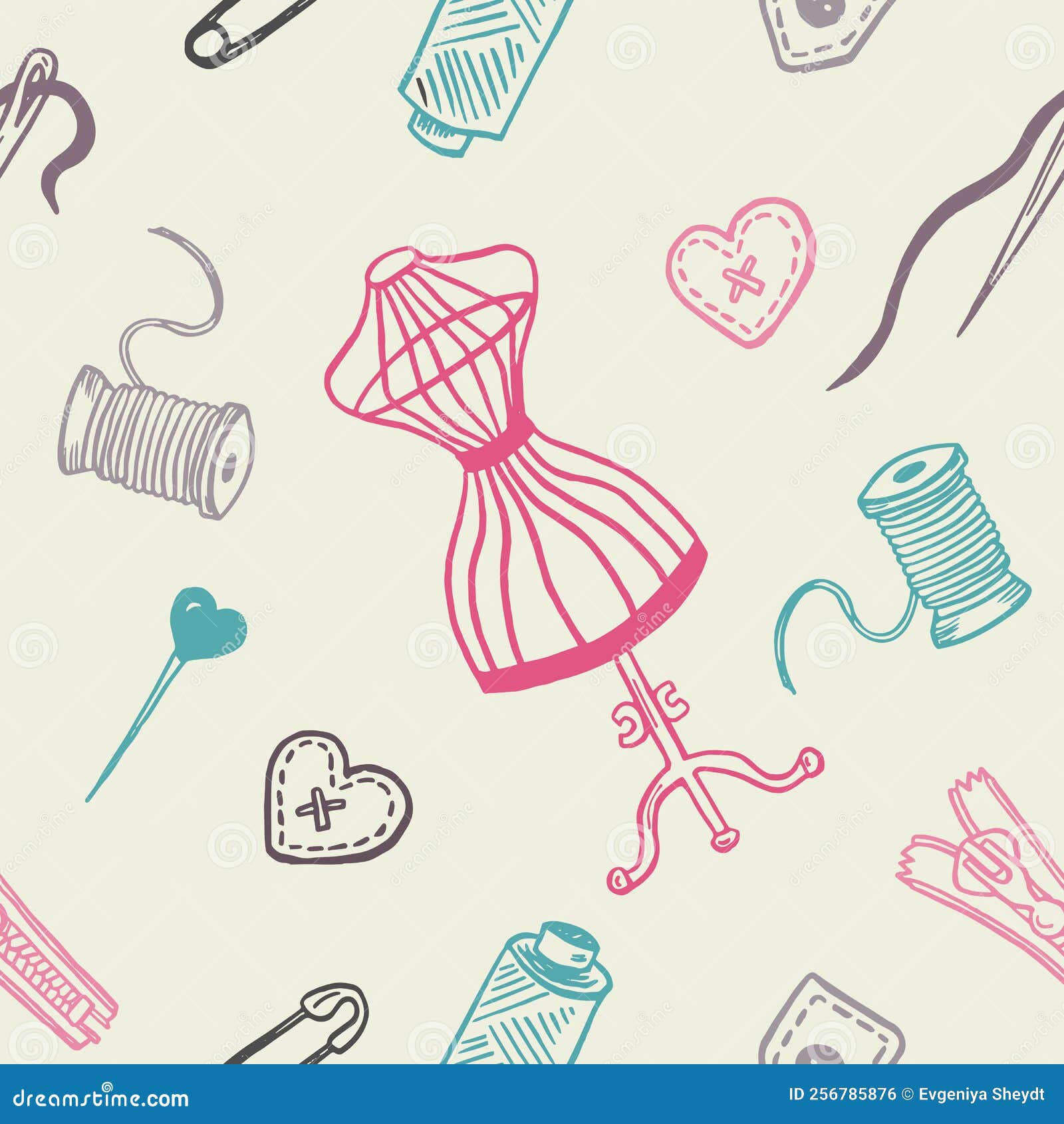 Cute Cartoon Sewing Tools Seamless Pattern. Zipper, Needle and Thread ...