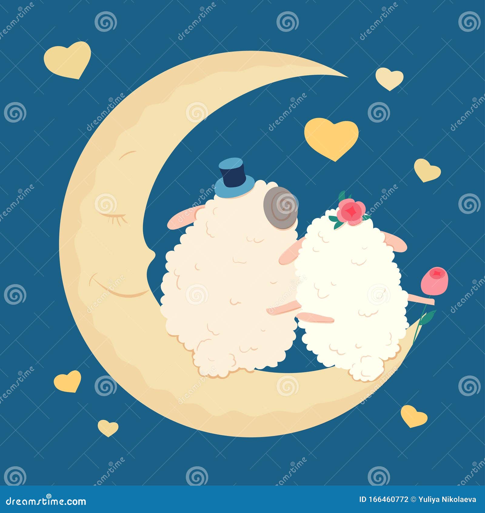Cute Cartoon Sheep in Love on the Moon. Vector Illustration Stock ...