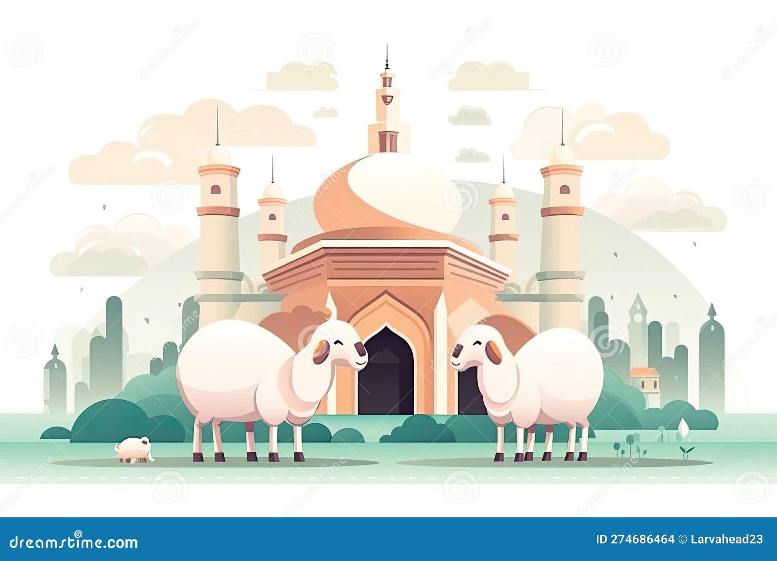 Sheep and Mosque Illustration in Flat Cartoon Style on White Background ...