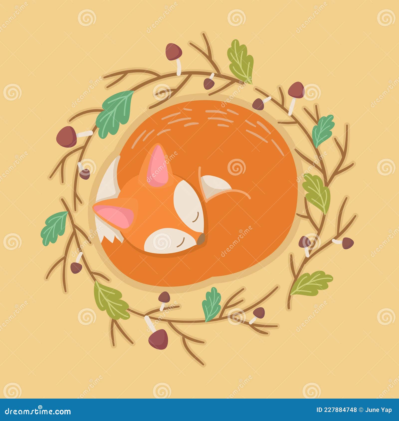 Cute cartoon sleeping fox stock vector. Illustration of hugging - 227884748