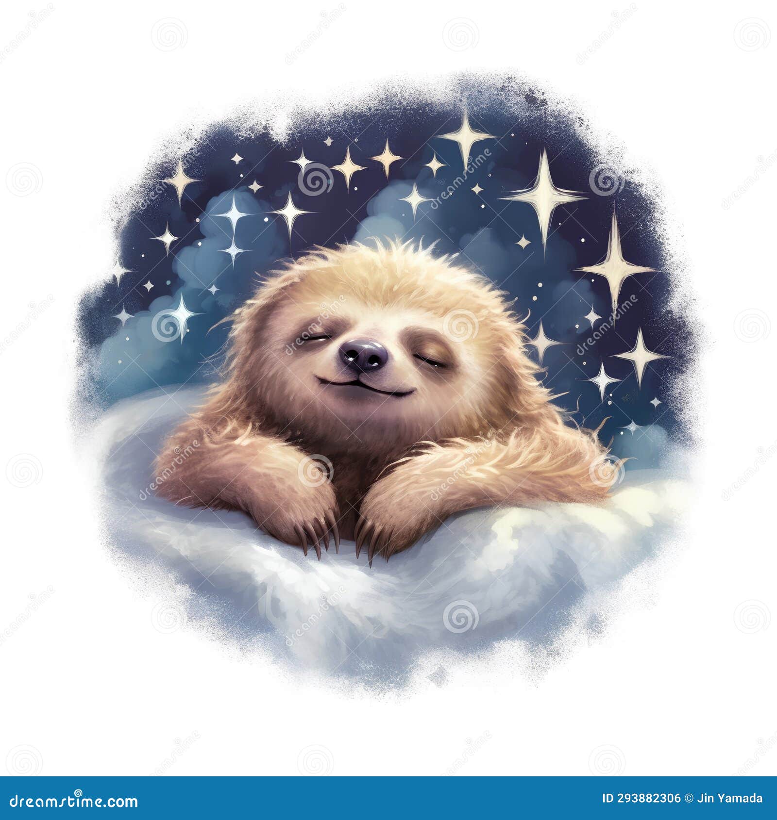 Cute Cartoon Sloth Sleeping on a Cloud in the Night Sky Stock ...