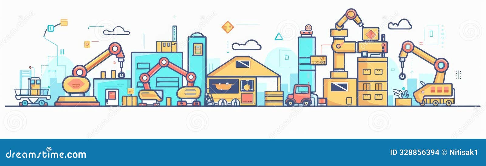 A Cute Cartoon of a Smart Factory with Robots Ensuring Efficiency Stock ...