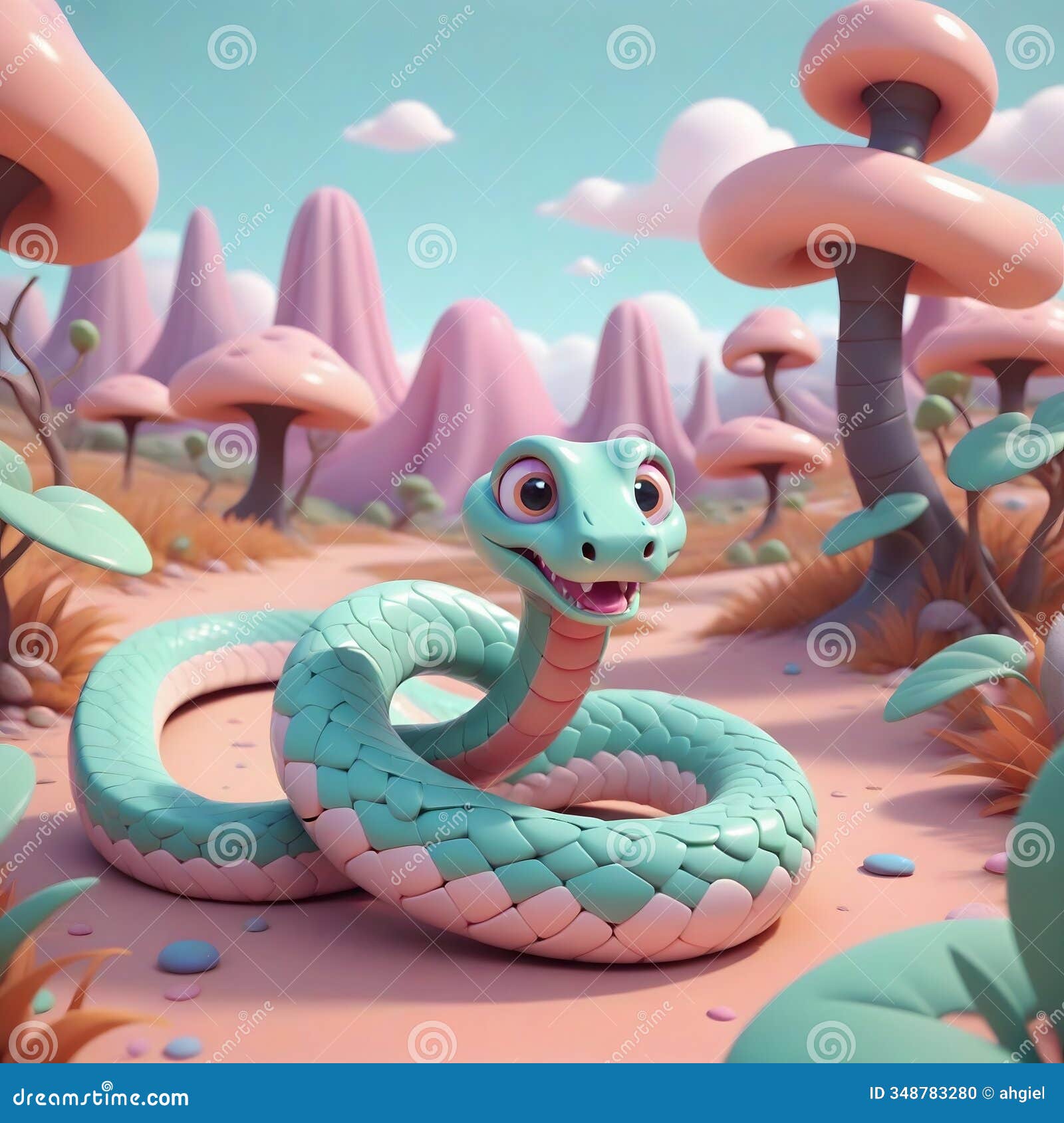 Cute Cartoon Snake in a Whimsical Landscape Stock Illustration ...