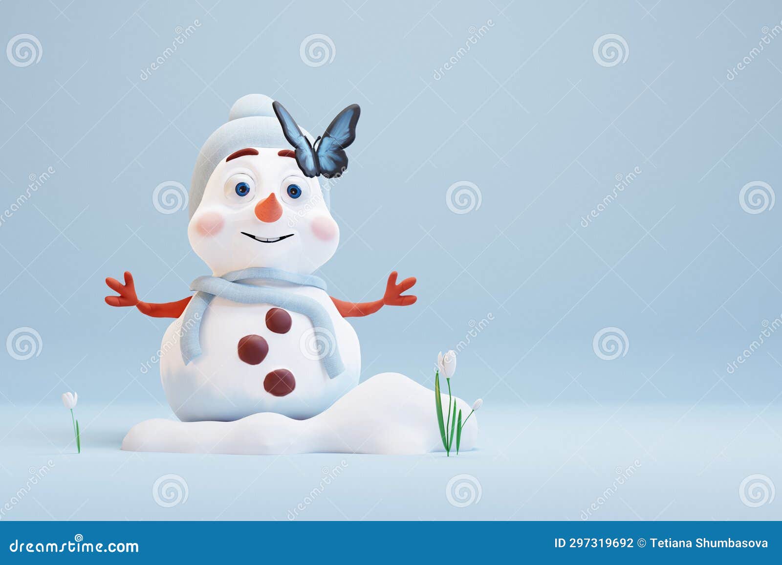 Cute Cartoon Snowman Looking on Butterfly. Waiting for Spring Beginning ...