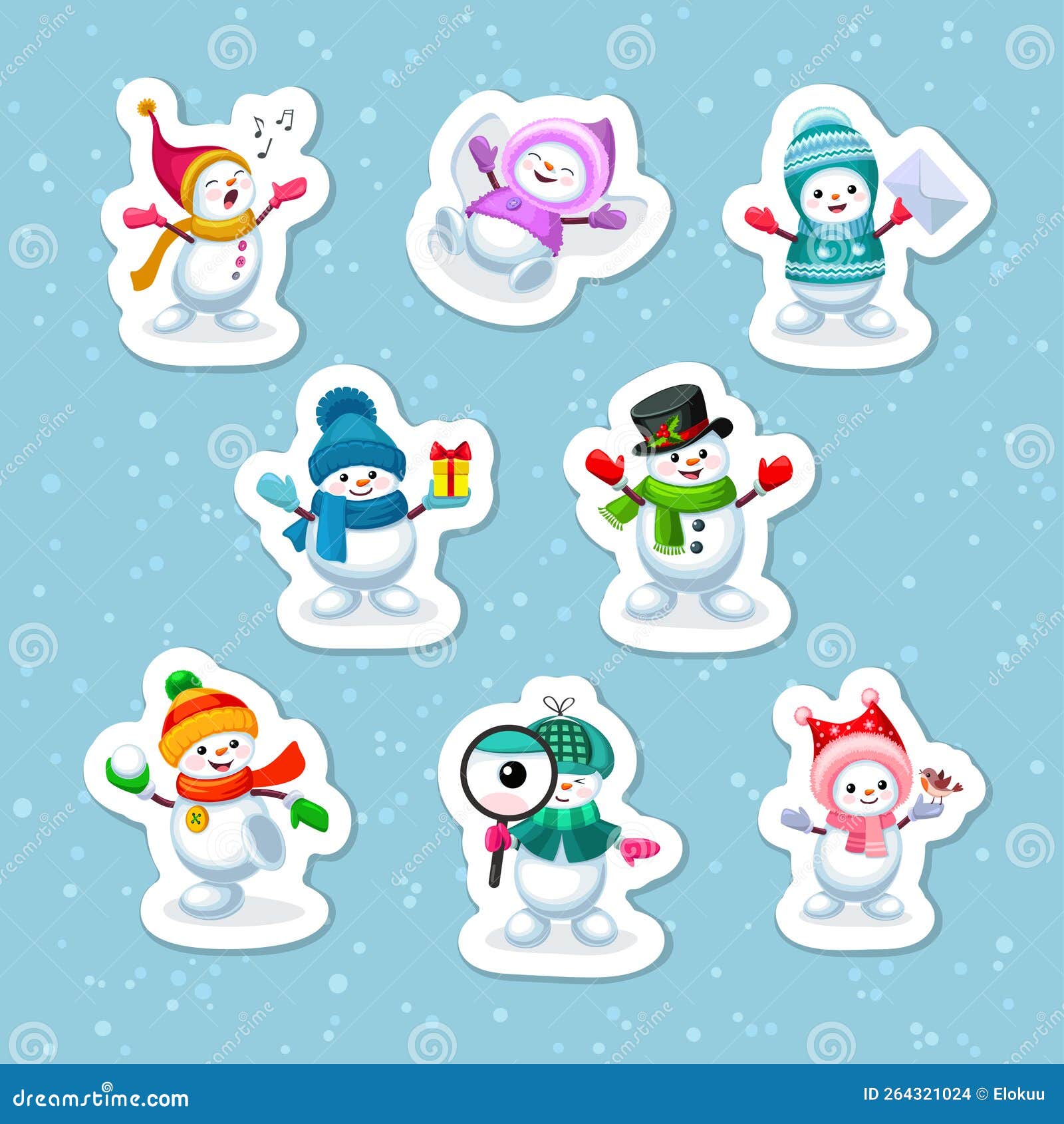 Cute Cartoon Snowmen Sticker Pack. Printable Vector Illustration Stock ...