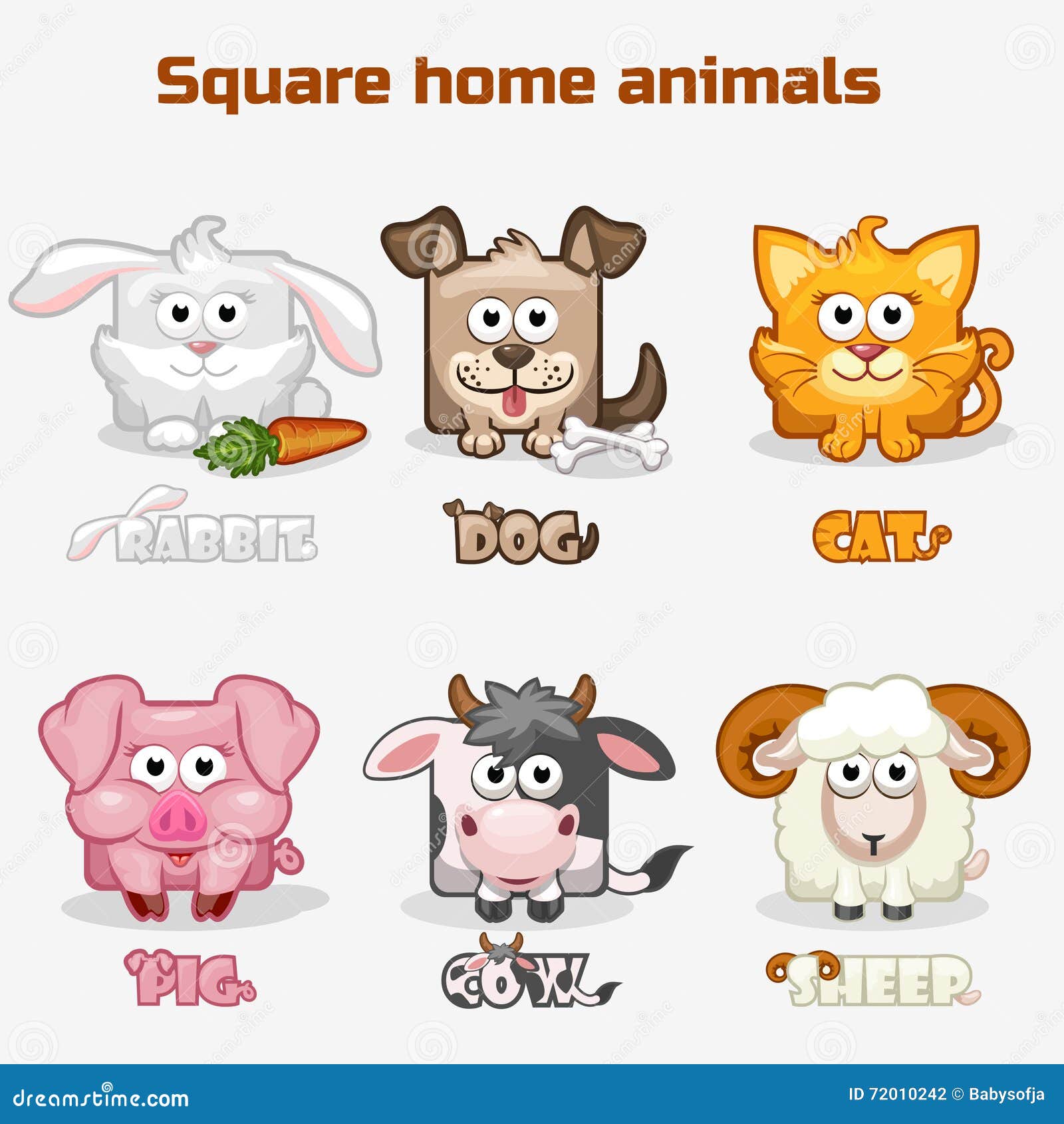 Cute Cartoon Square Home Animals Stock Vector - Illustration of orange ...