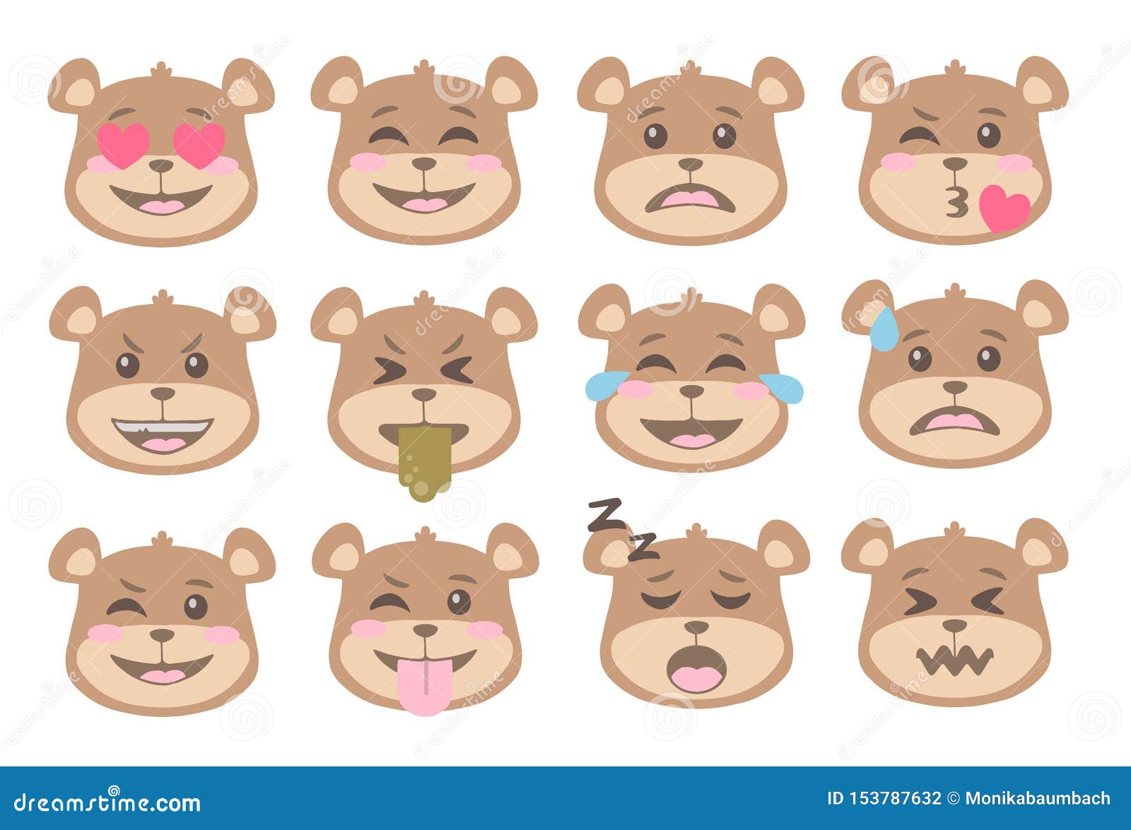 Cute Cartoon Style Brown Bear Faces with Different Expression Emoticon ...