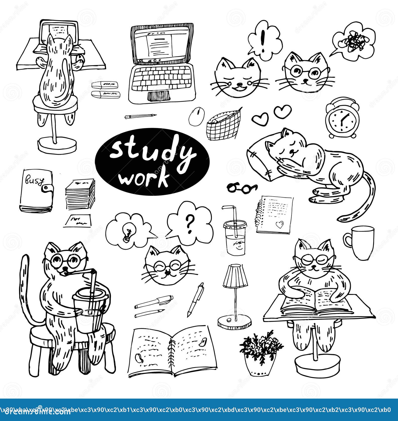 Cute Cartoon-style Illustration of a Cat Doing Homework and Working ...