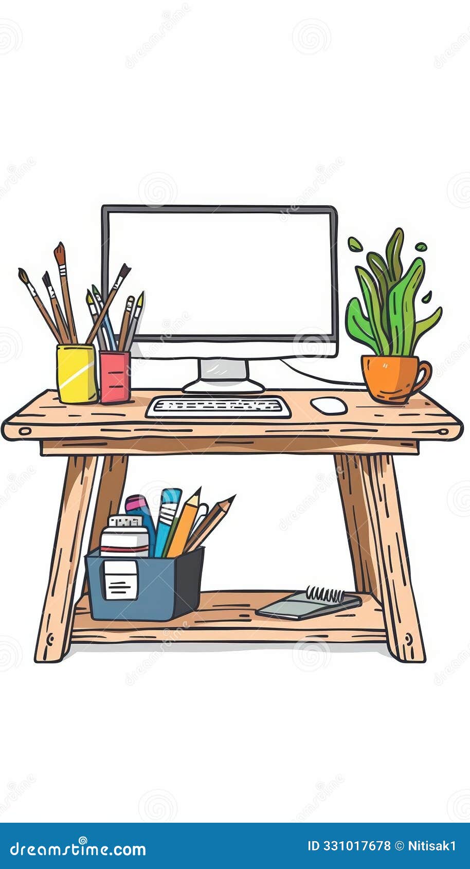 A Cute Cartoon Style OfA Creative Workspace with Art Supplies and a ...