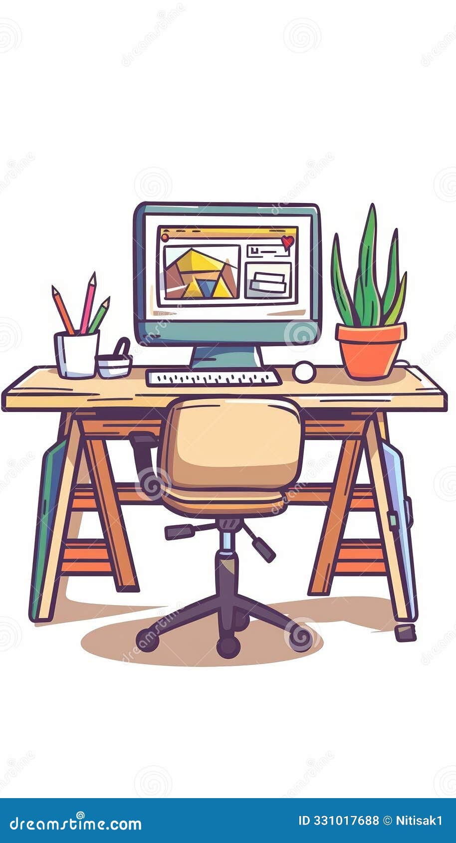 A Cute Cartoon Style OfA Creative Workspace with Art Supplies and a ...
