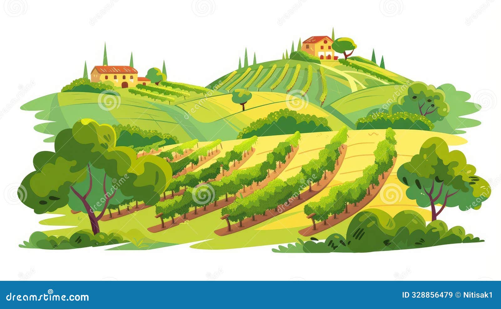 A Cute Cartoon Style OfA Picturesque Vineyard with Rows of Grapevines ...
