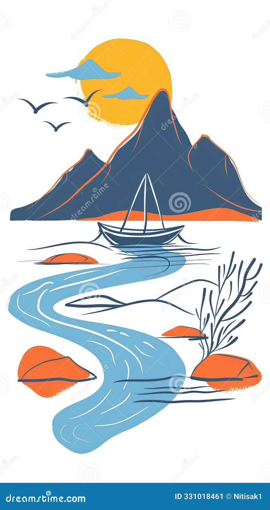 A Cute Cartoon Style OfA Serene River with a Small Boat Floating Gently ...