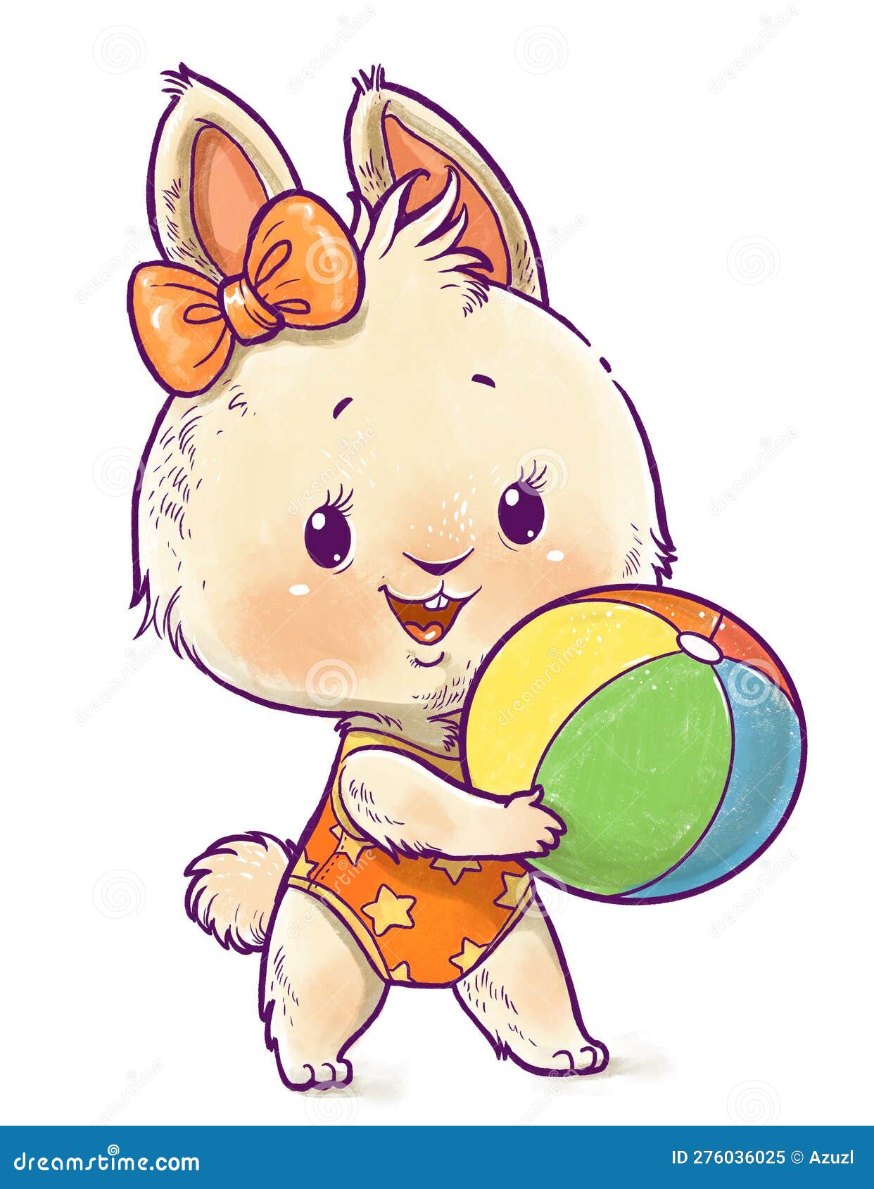 Cute Cartoon Summer White Rabbit with Beach Ball Stock Illustration ...