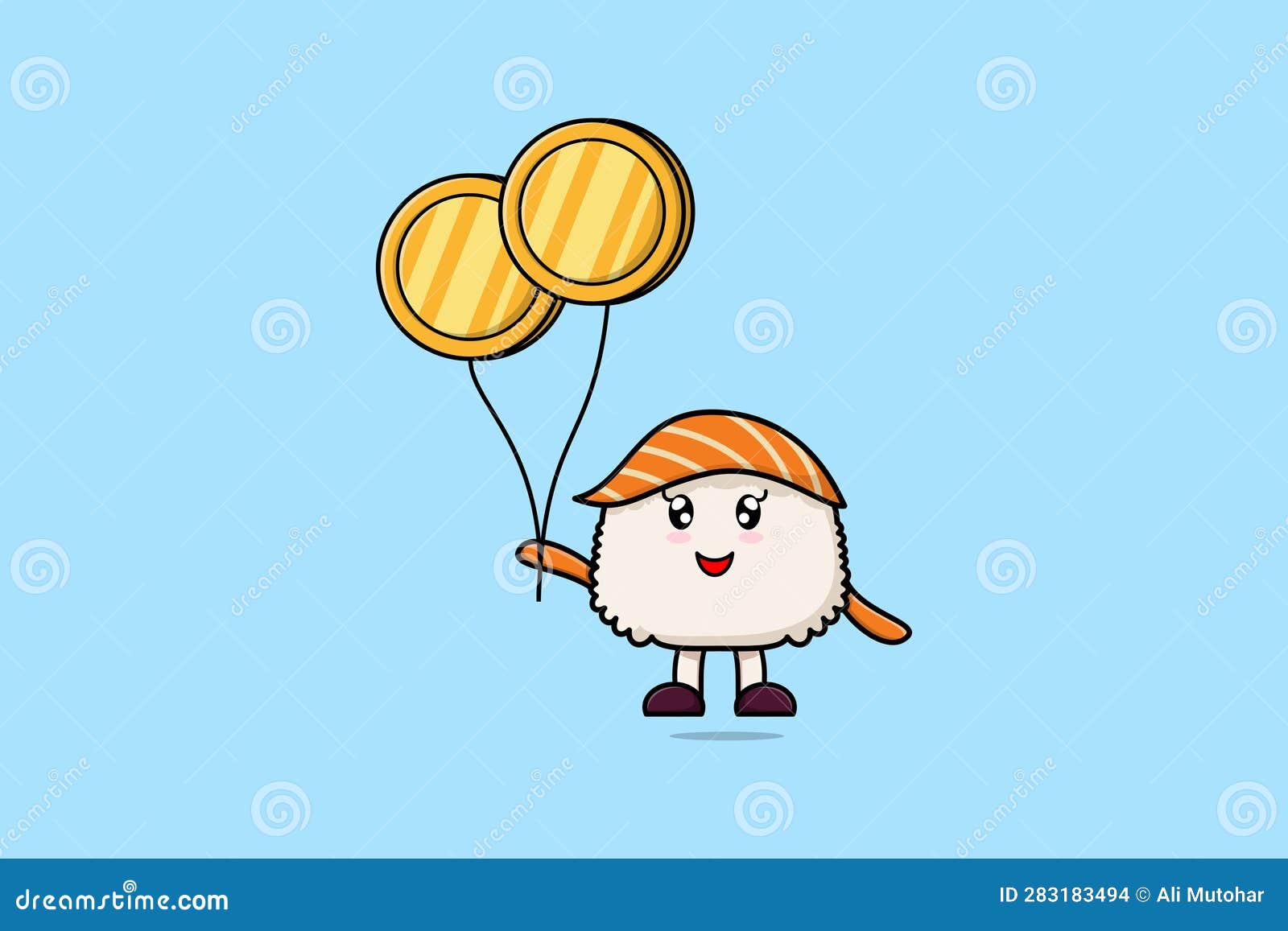 Cute Cartoon Sushi Floating with Balloon Cartoon Vector Illustration ...