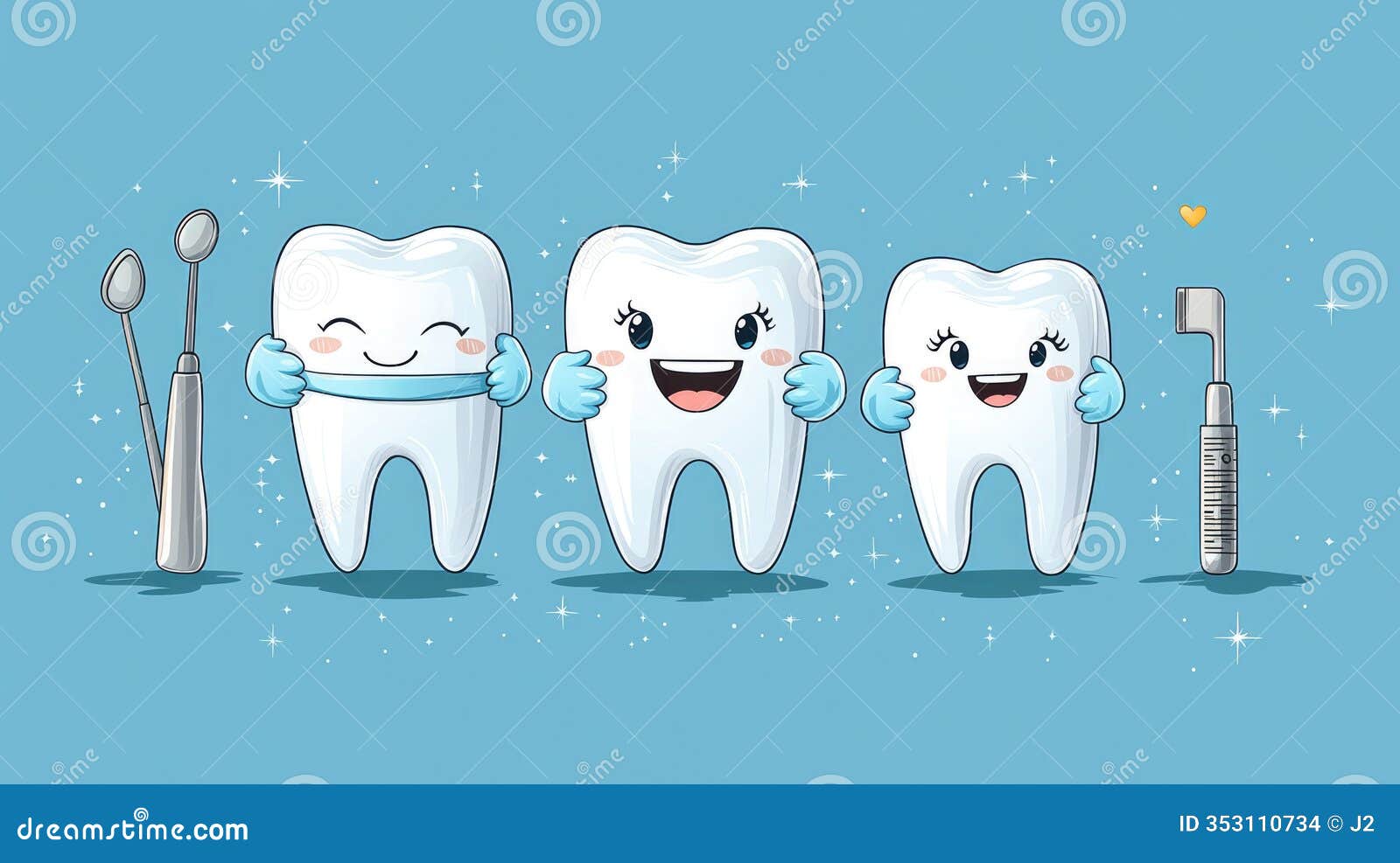 Cute Cartoon Teeth Characters with Dental Tools on Blue Background ...