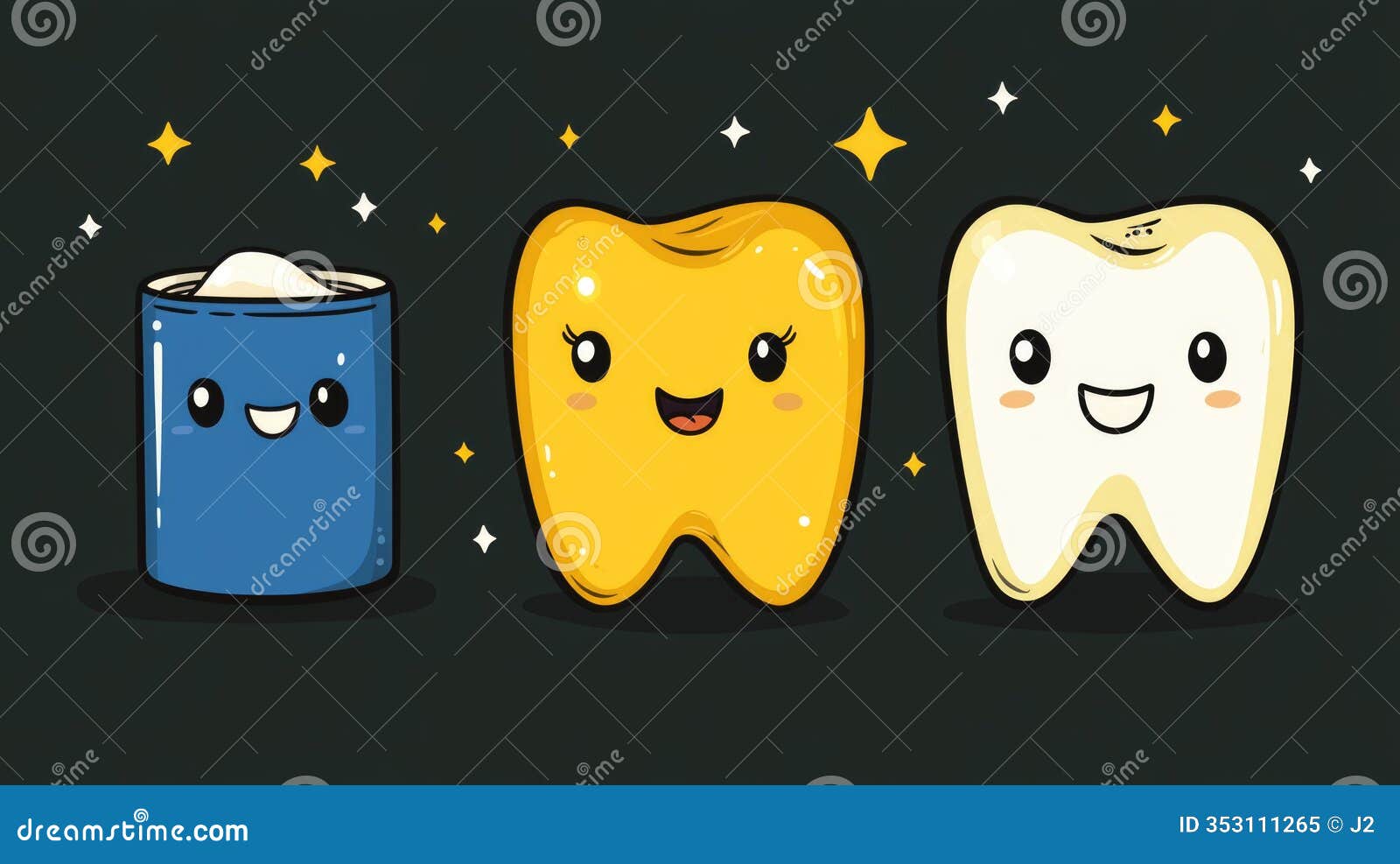 Cute Cartoon Teeth Characters with Toothpaste Jar on Dark Background ...