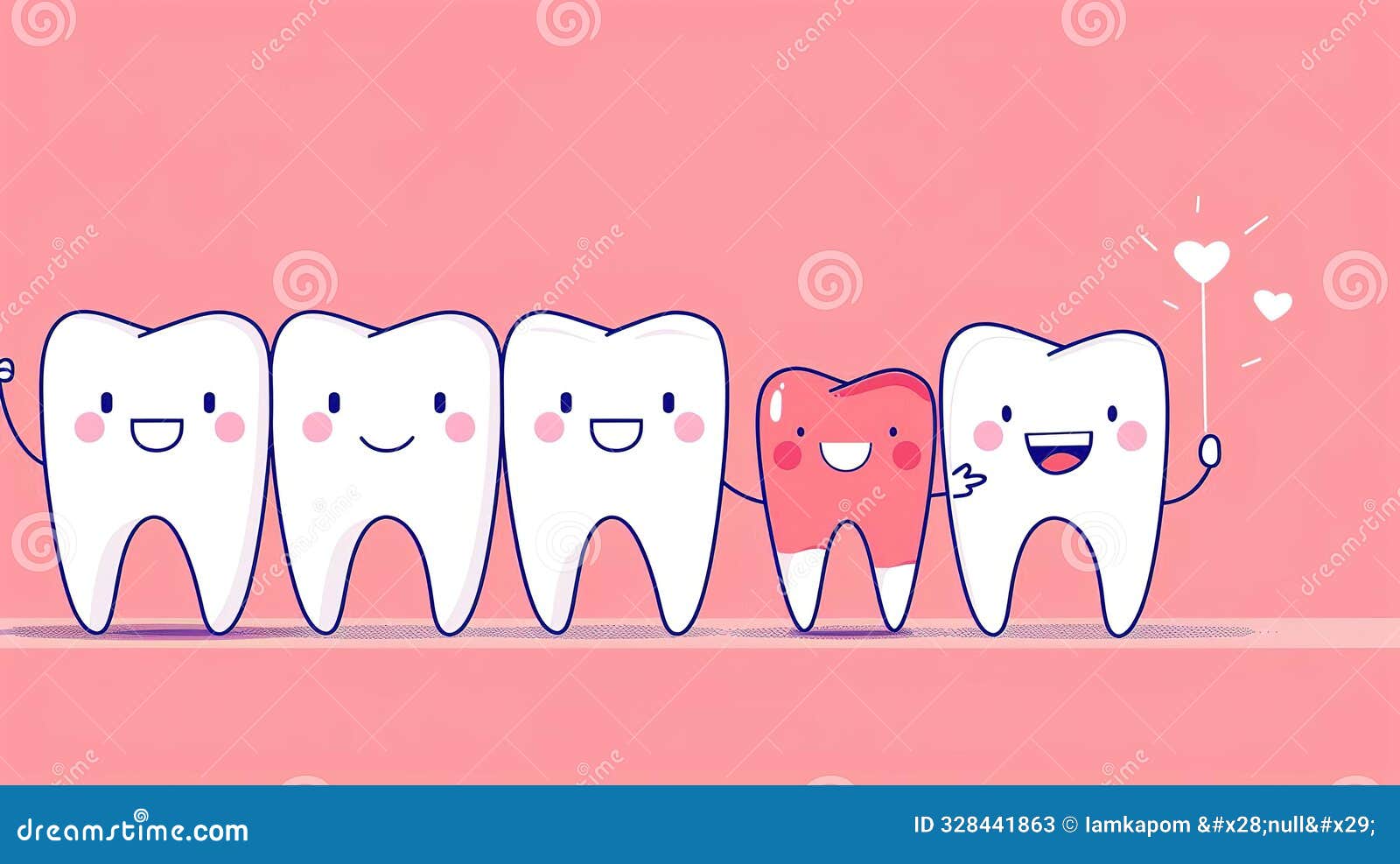Cute Cartoon Teeth with a Red Tooth in the Middle Stock Illustration ...