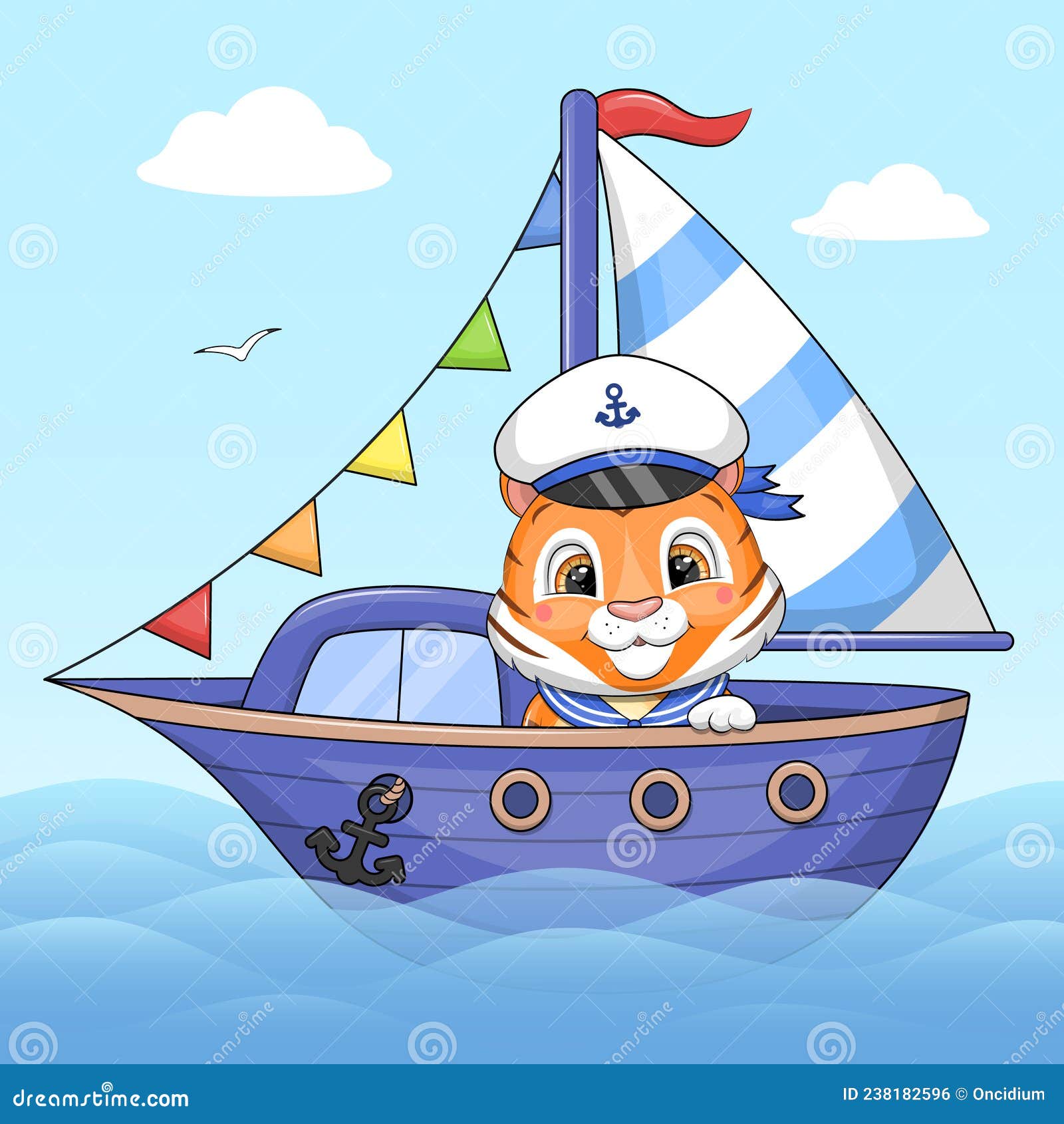 Cute Cartoon Tiger Captain on the Ship. Stock Vector - Illustration of ...