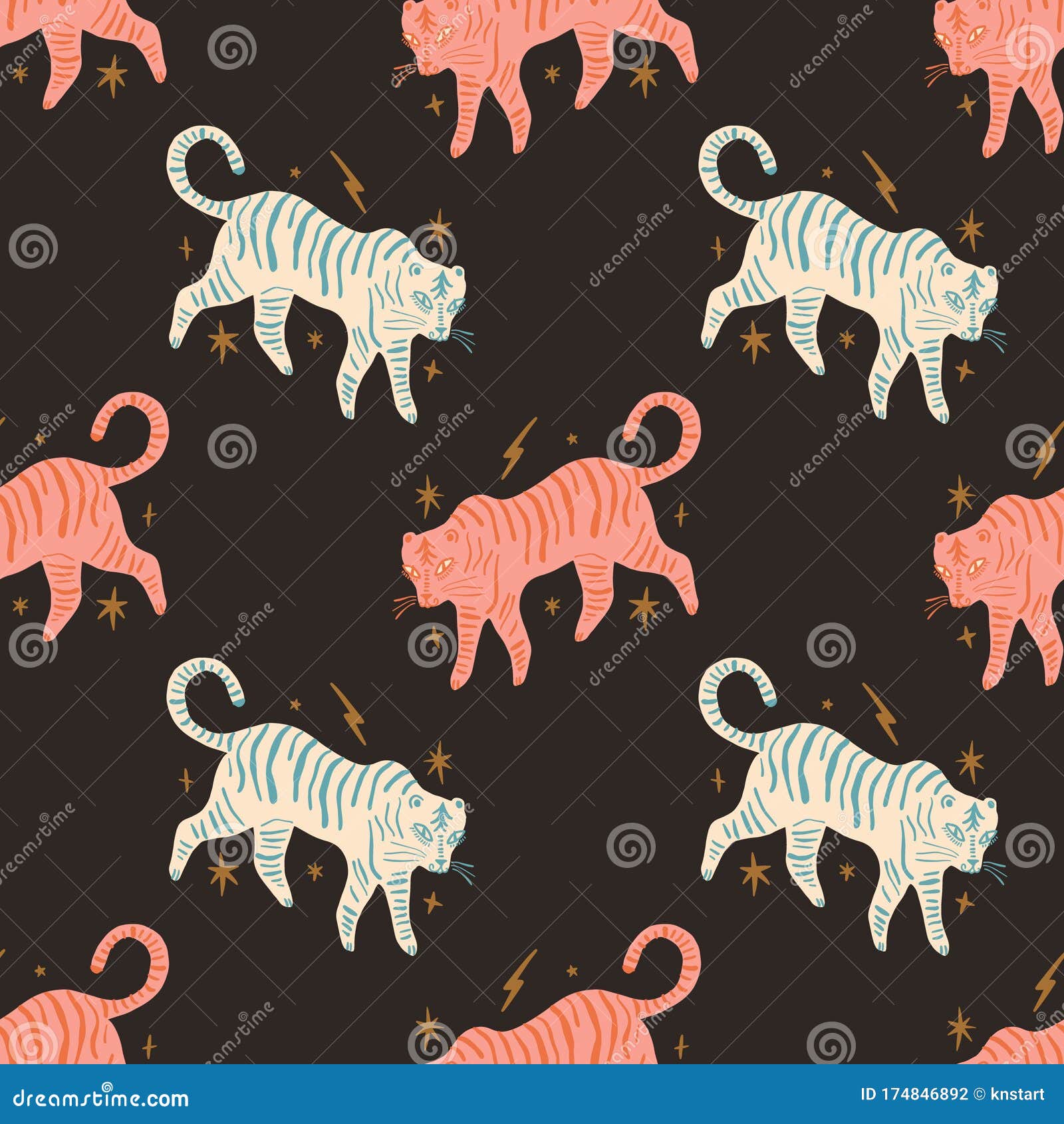Cute Cartoon Tiger Seamless Pattern. Vector Art Stock Illustration ...