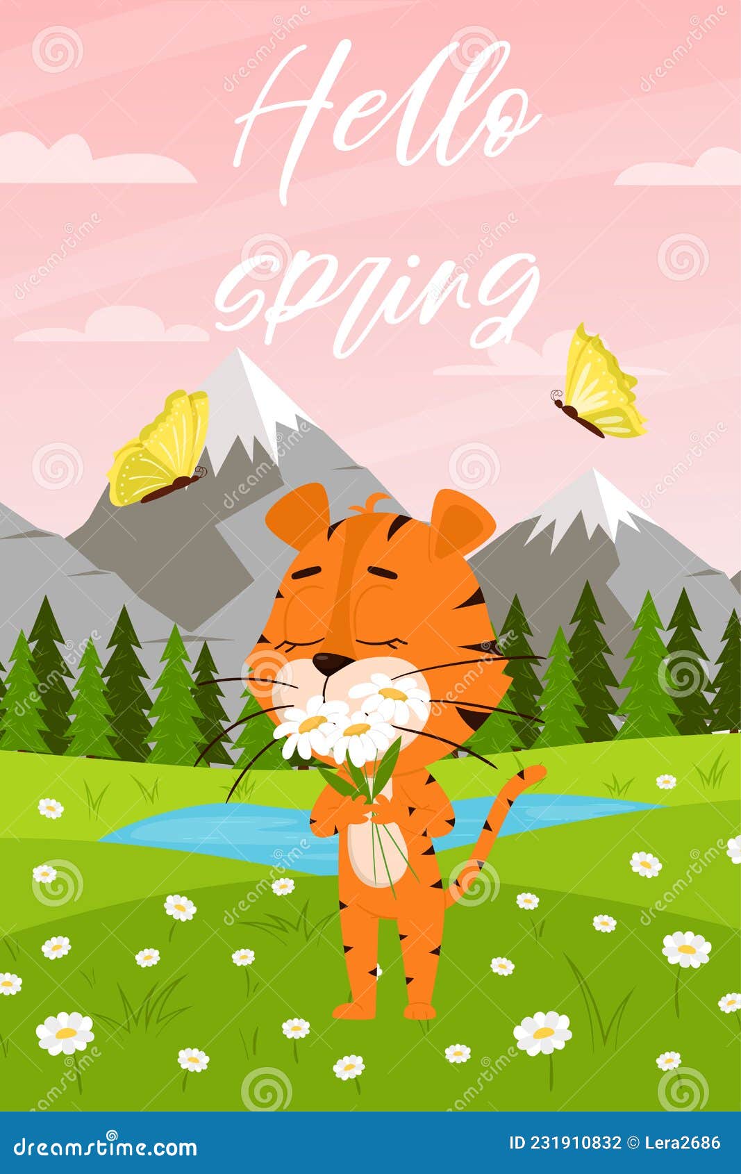 Cute Cartoon Tiger Sniffs Chamomile Flowers on Background of Summer ...
