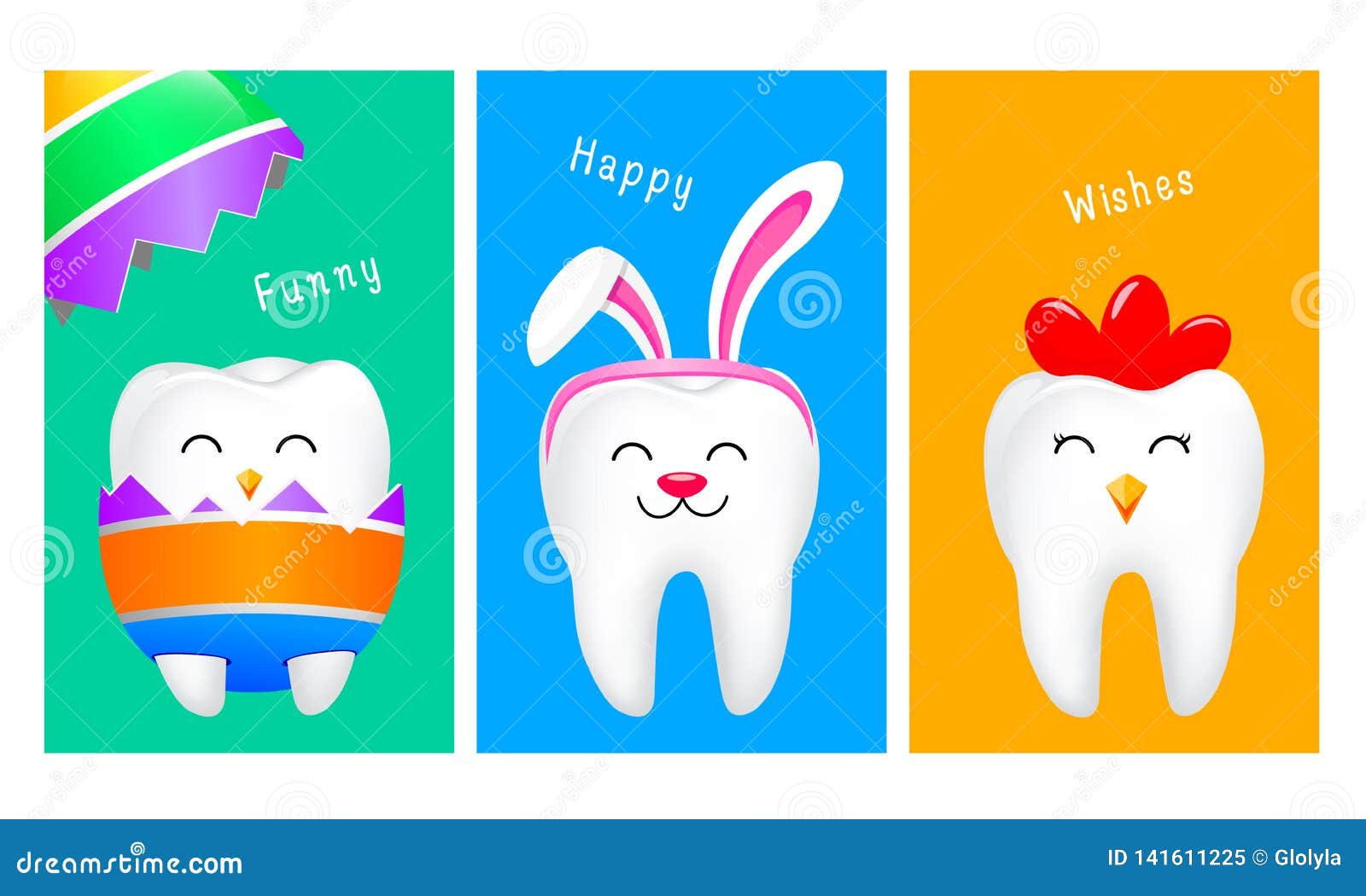 Cute Cartoon Tooth Characters in Easter Concept. Stock Vector ...