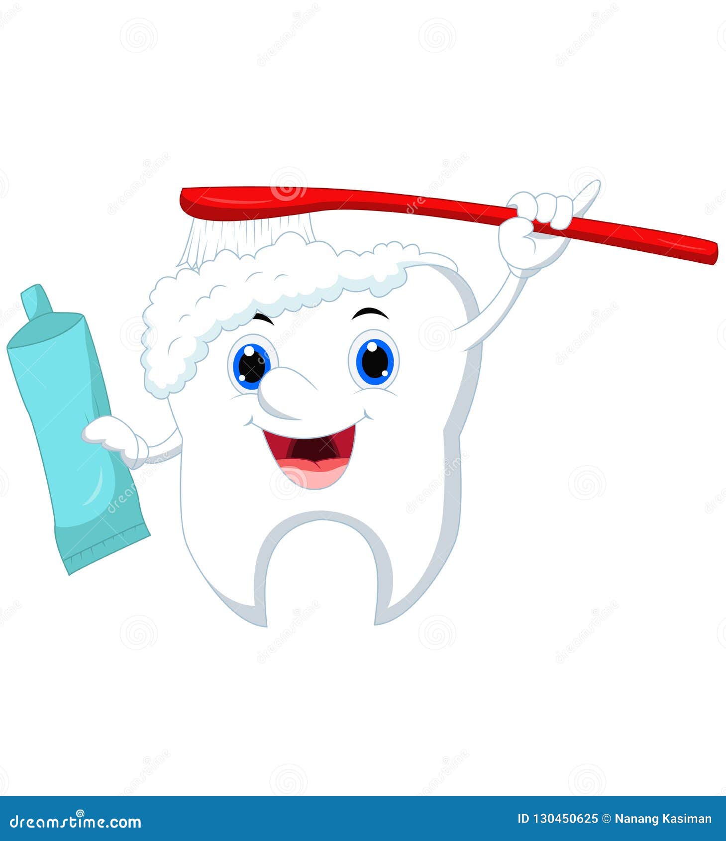 Cute Cartoon Tooth Cleaning Himself with a Brush and Toothpaste Stock ...